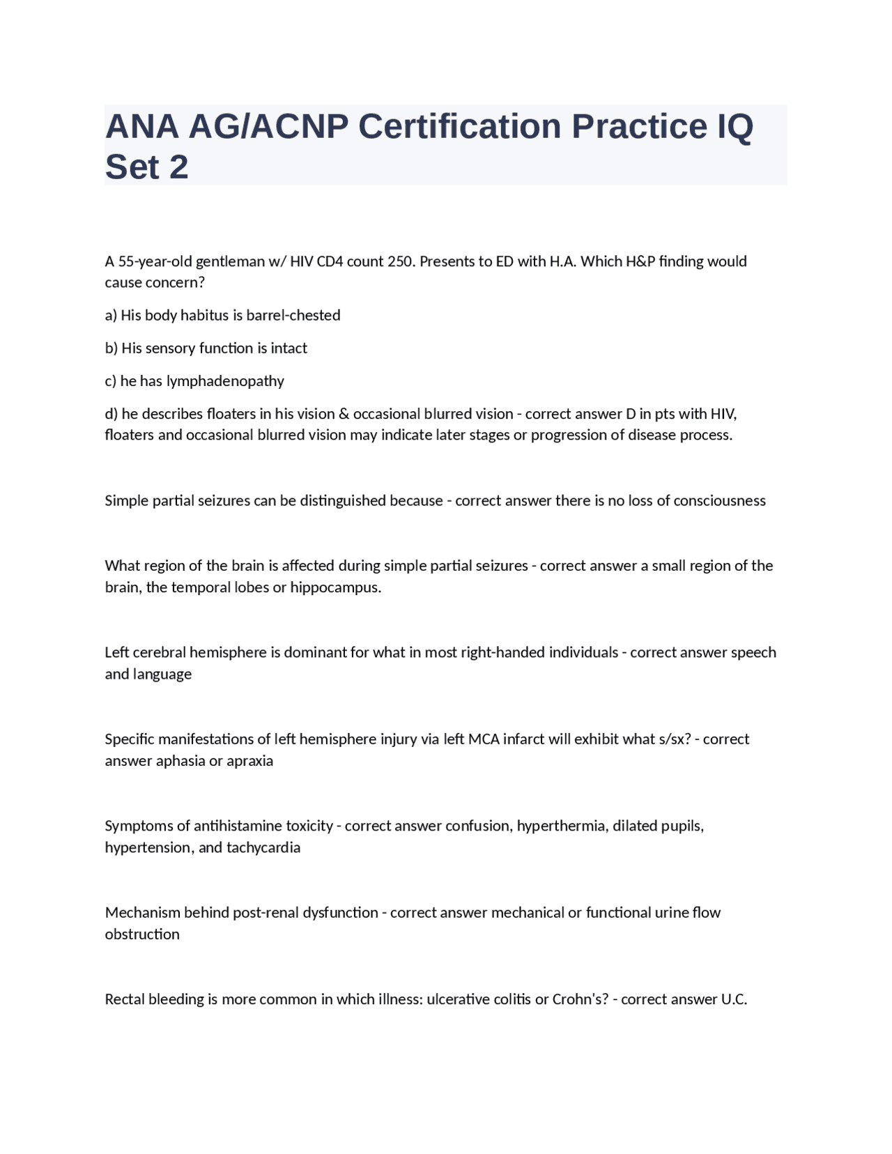 ANA AG/ACNP Certification Practice Questions: Set 2 | Exams Nursing ...