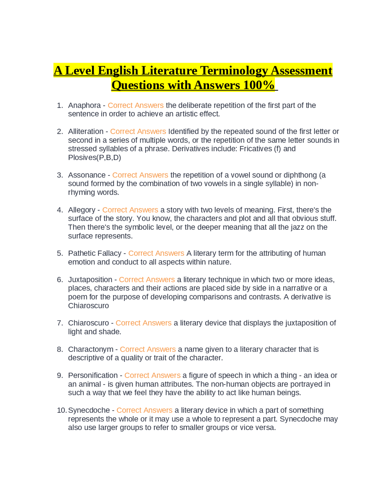 A Level English Literature Terminology Assessment Questions with ...