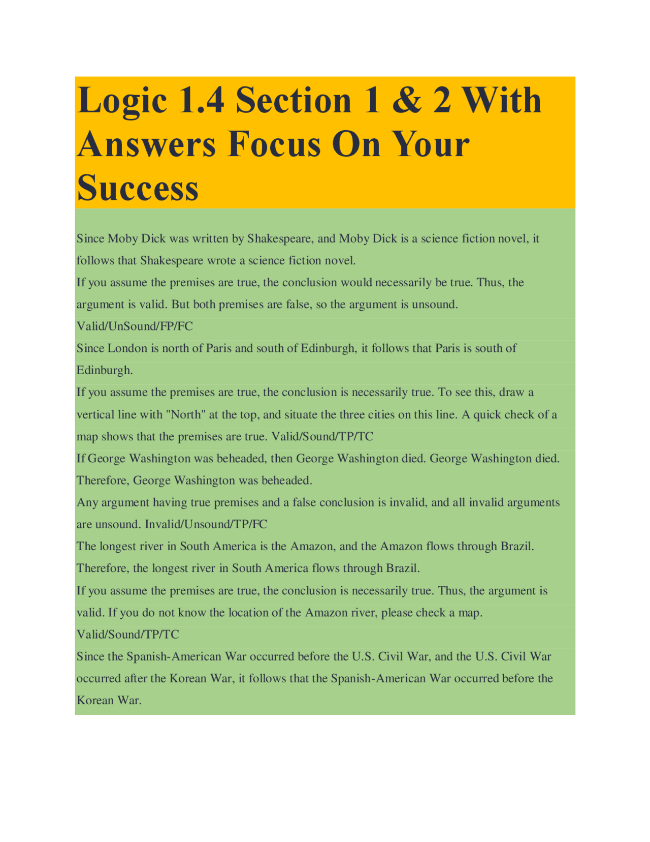 Logic 1.4 Section 1 & 2 With Answers Focus On Your Success | Exams ...