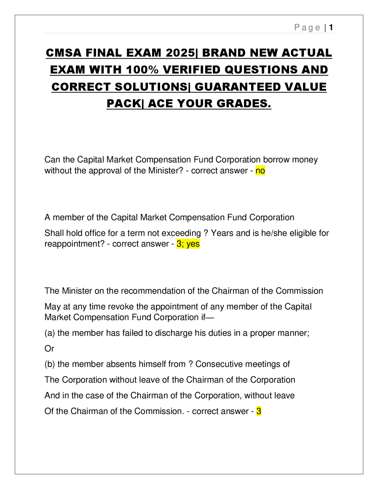 Capital Market Compensation Fund Corporation: CMSA Final Exam Questions ...