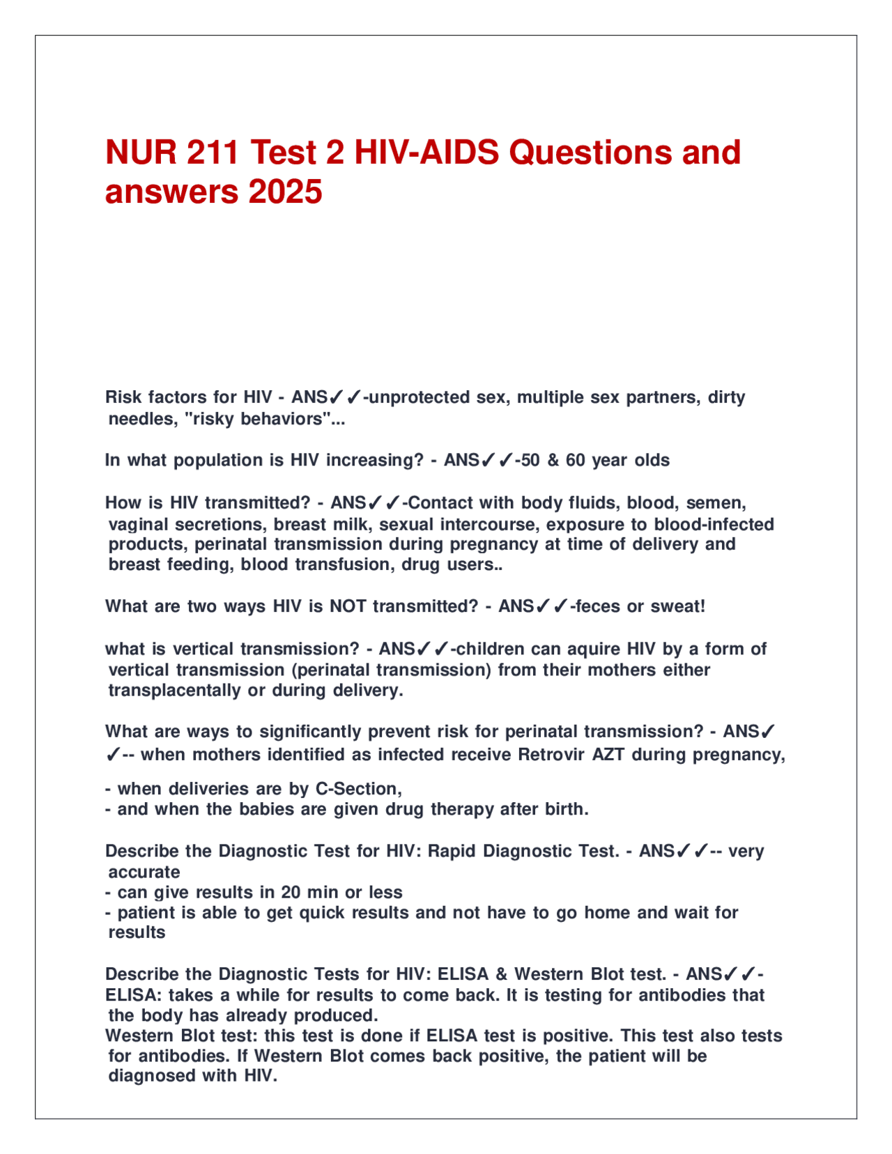 NUR 211 Test 2 HIV-AIDS Questions and answers 2025 | Exams Nursing ...