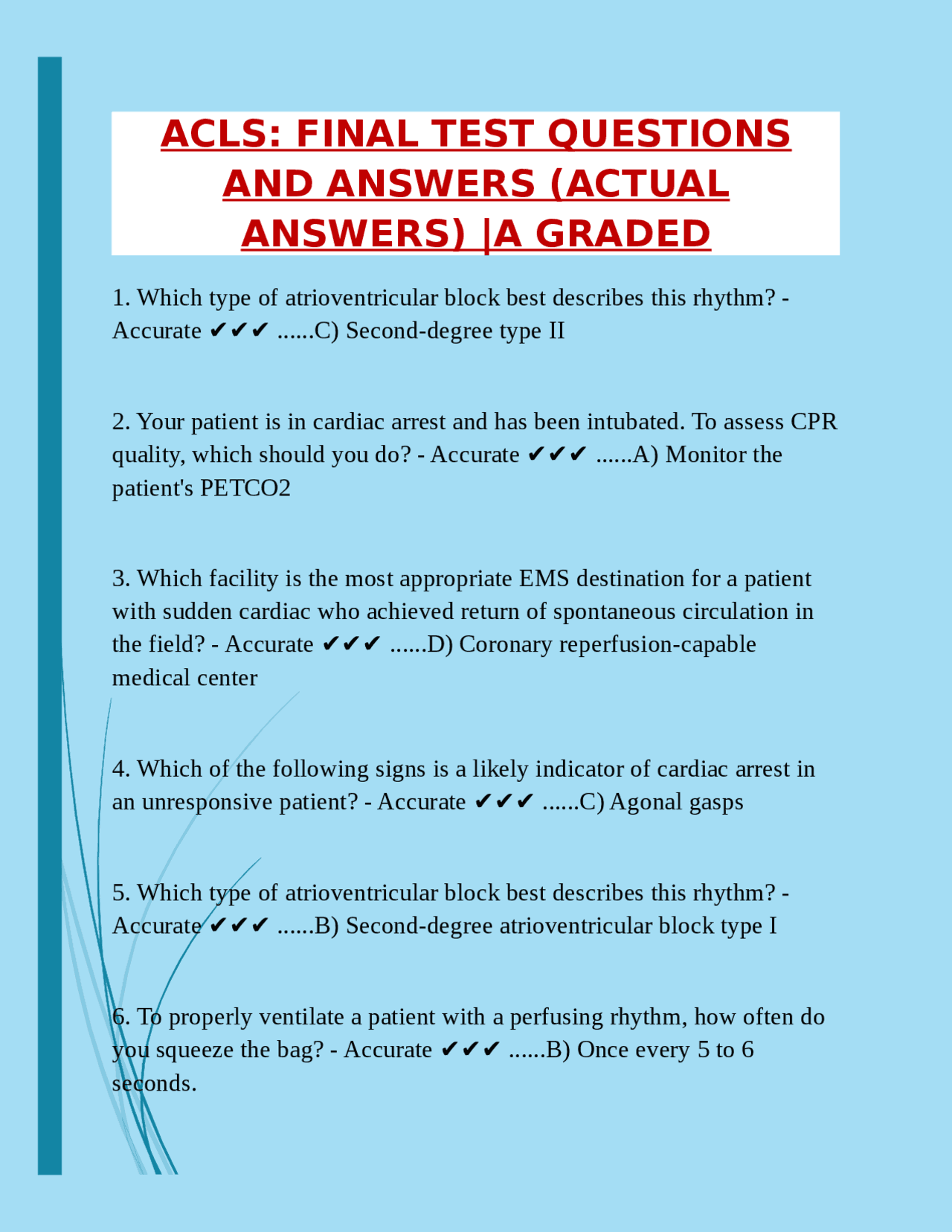 ACLS: FINAL TEST QUESTIONS AND ANSWERS (ACTUAL ANSWERS) |A GRADED ...