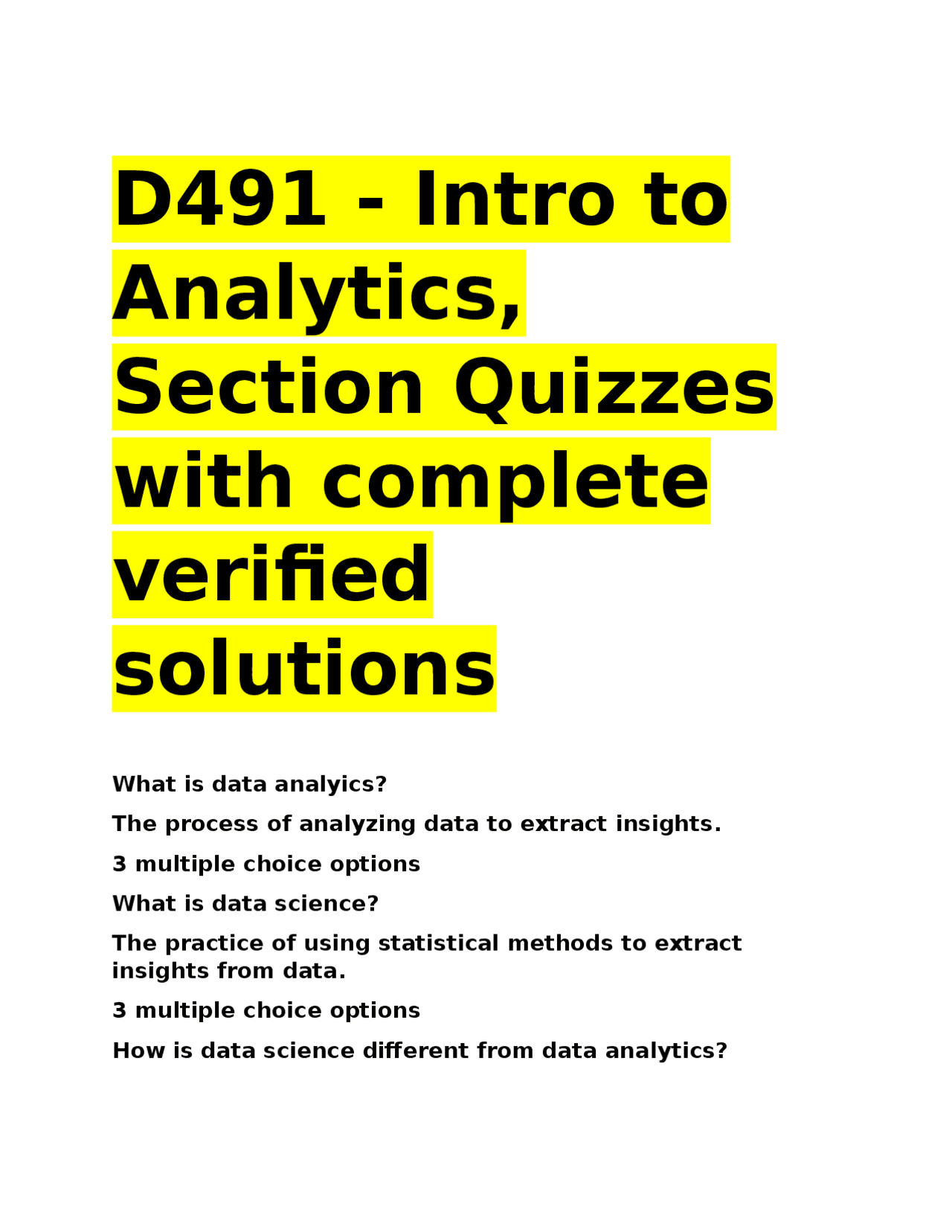 Introduction to Data Analytics: Section Quizzes with Solutions | Exams Biology | Docsity
