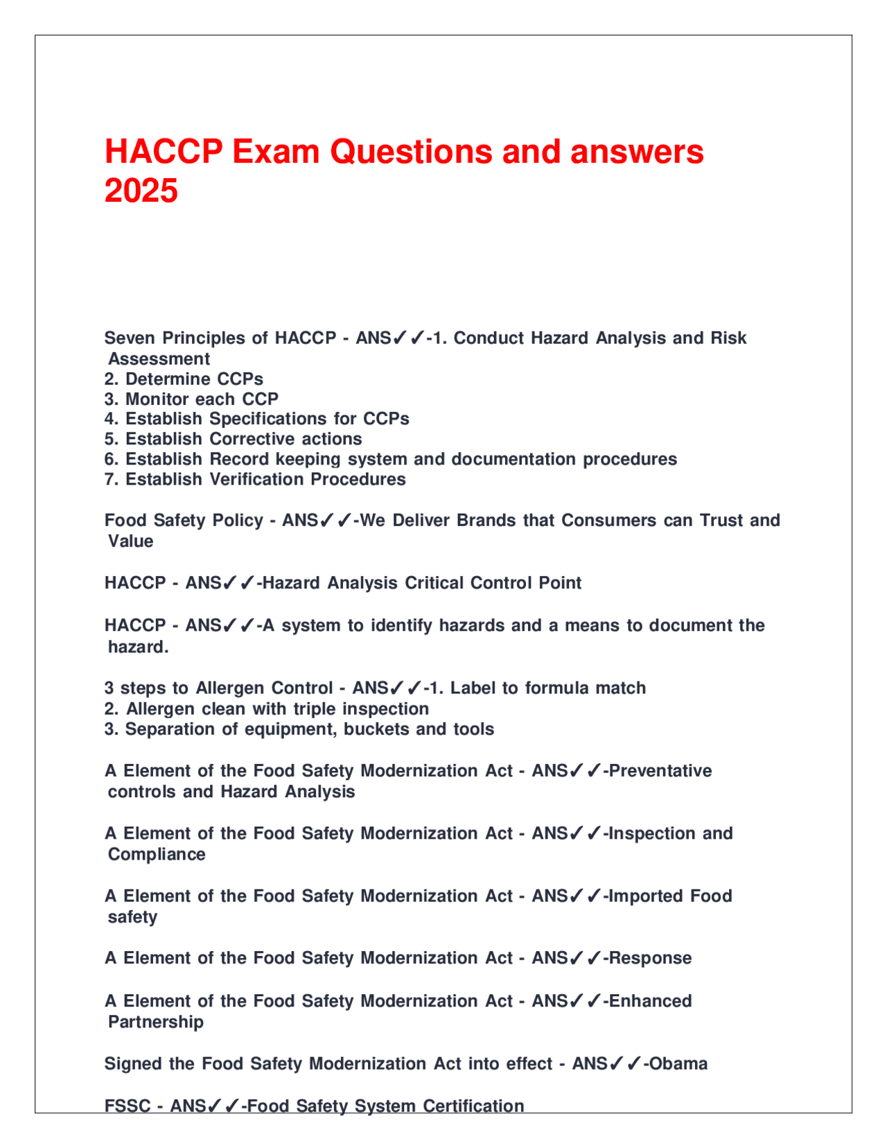 HACCP Exam Questions and answers 2025. | Exams Food science | Docsity