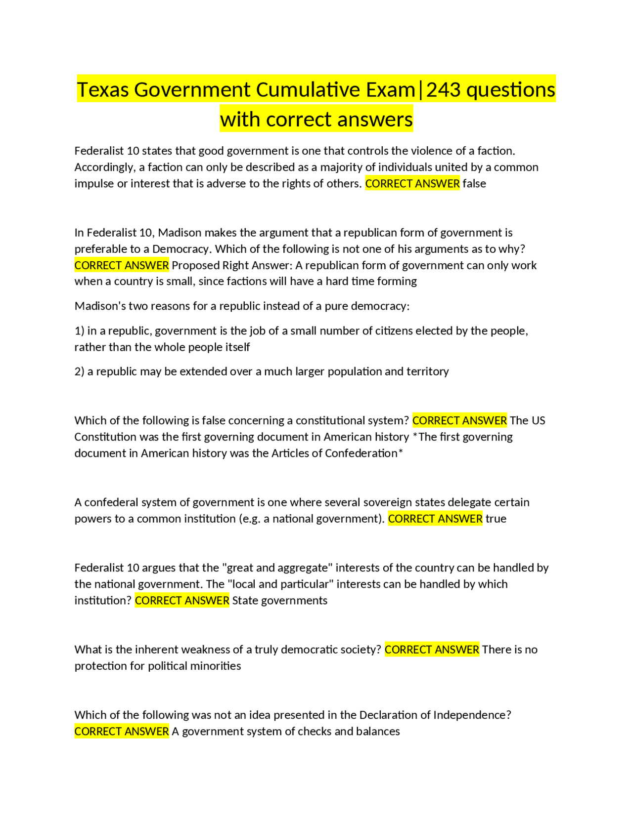 Texas Government Cumulative Exam|243 questions with correct answers ...