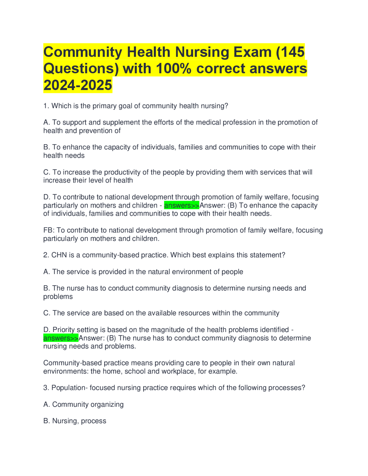 Community Health Nursing Exam (145 Questions) with 100% correct answers 2024-2025 | Exams ...