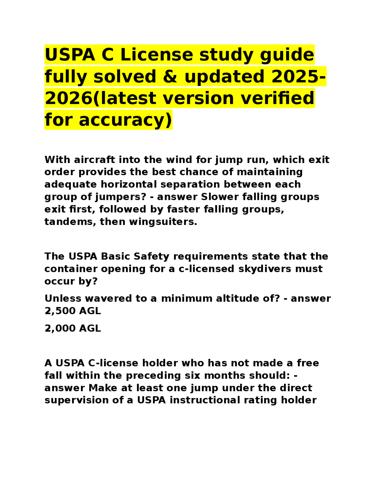 USPA C License study guide fully solved & updated 2025-2026(latest ...