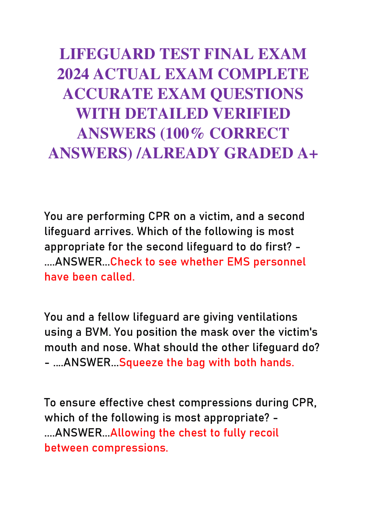 LIFEGUARD TEST FINAL EXAM 2024 ACTUAL EXAM COMPLETE ACCURATE EXAM ...