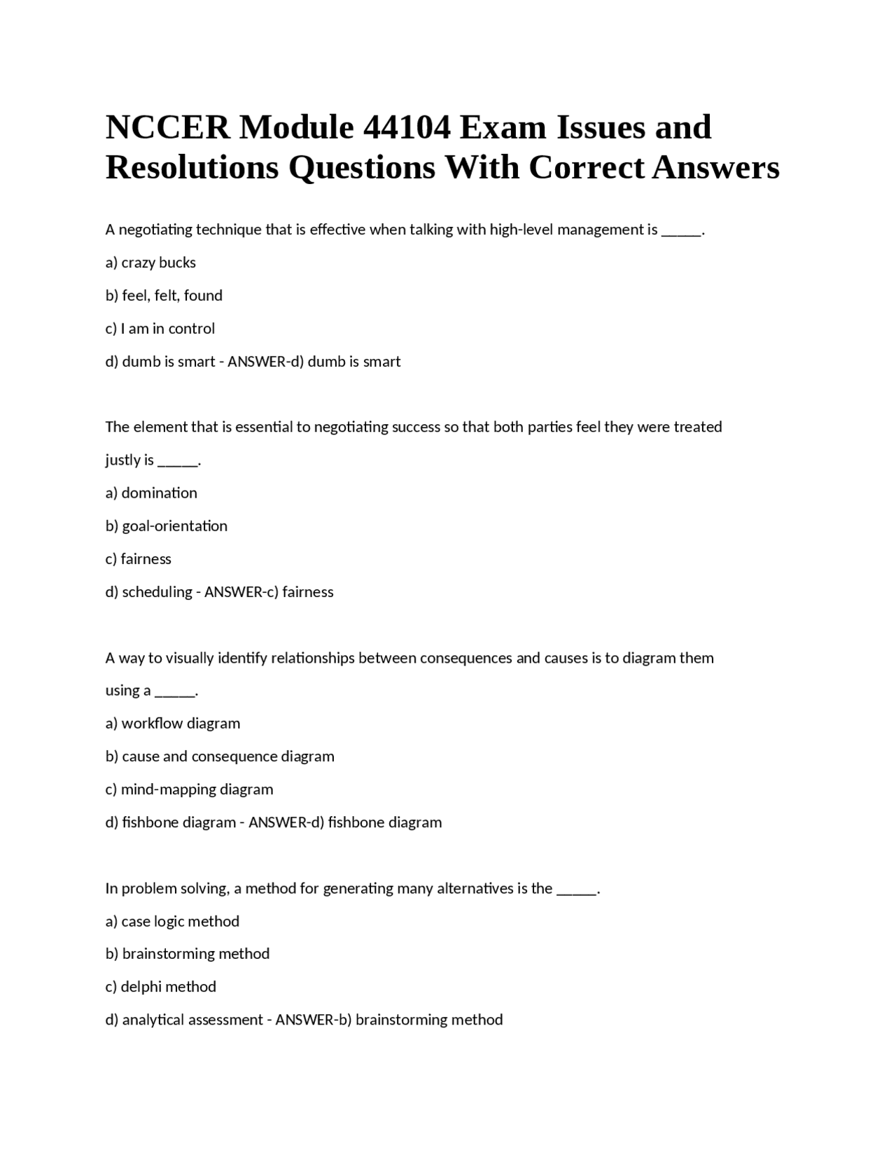 NCCER Module 44104 Exam Issues and Resolutions Questions With Correct ...