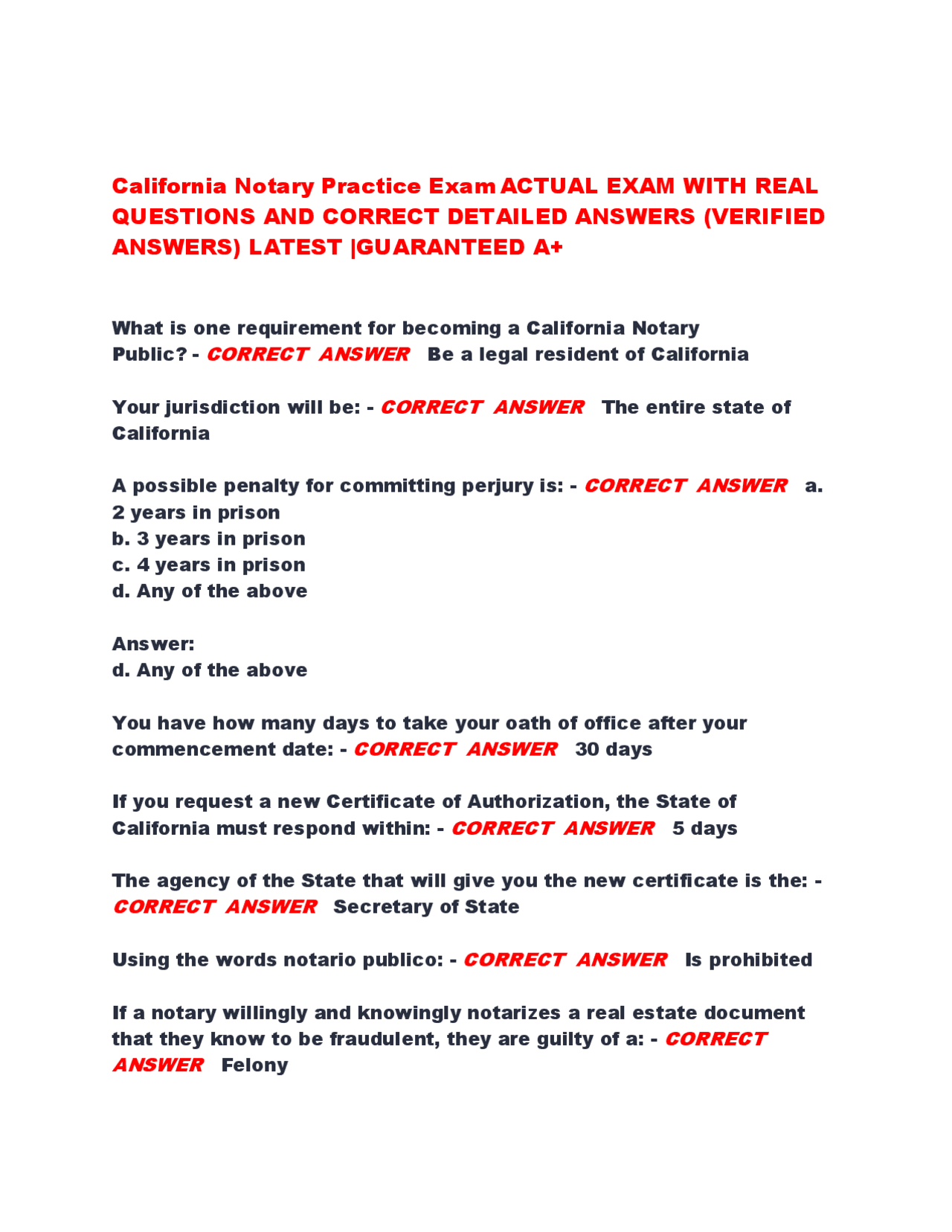 California Notary Practice Exam: Questions and Answers | Exams Nursing ...
