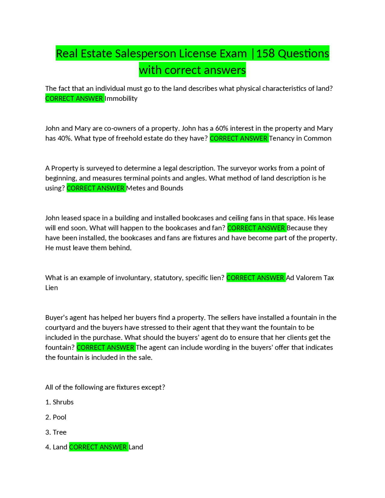 Real Estate Salesperson License Exam: 158 Questions and Answers | Exams ...