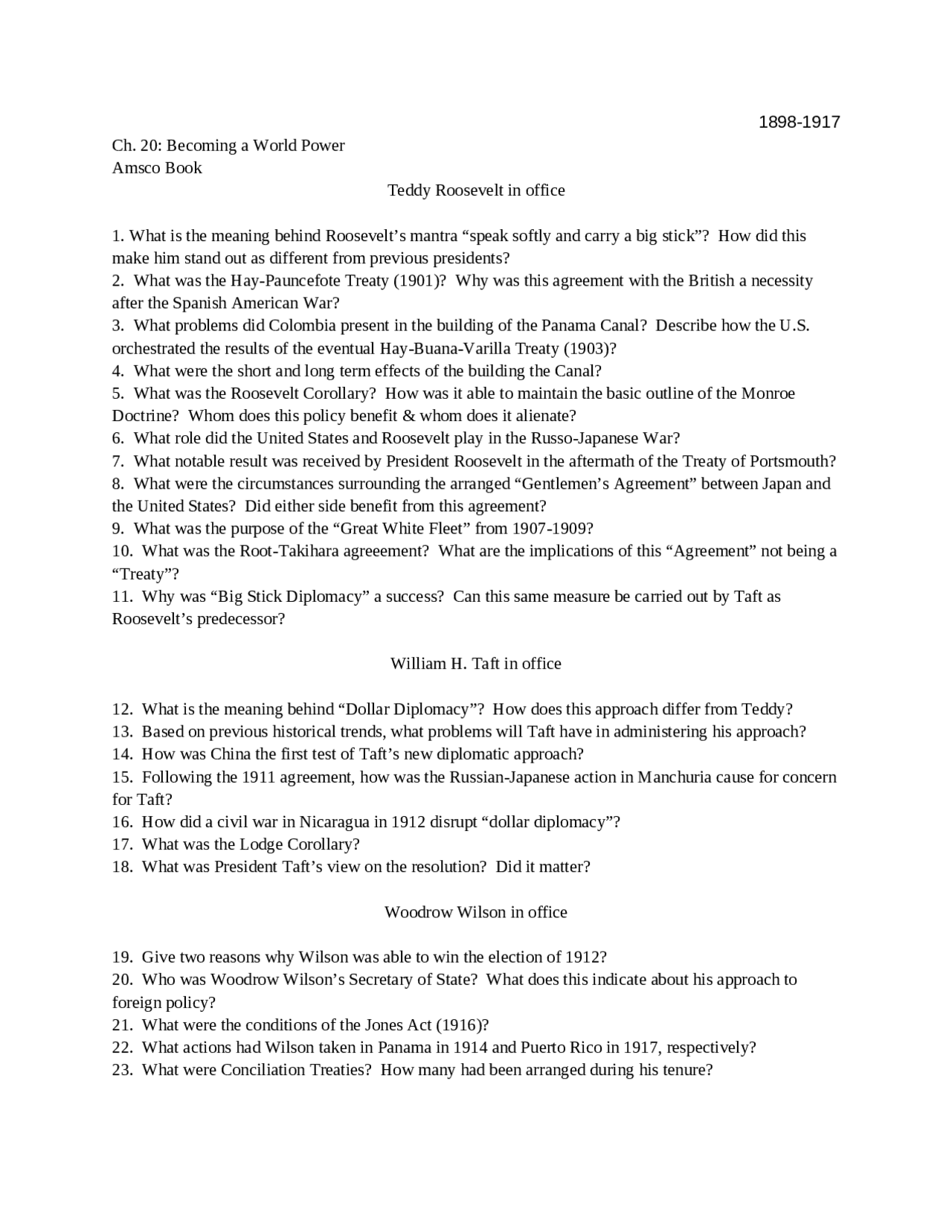 APUSH Chapter 20 AMSCO Practice Questions | Exercises History | Docsity