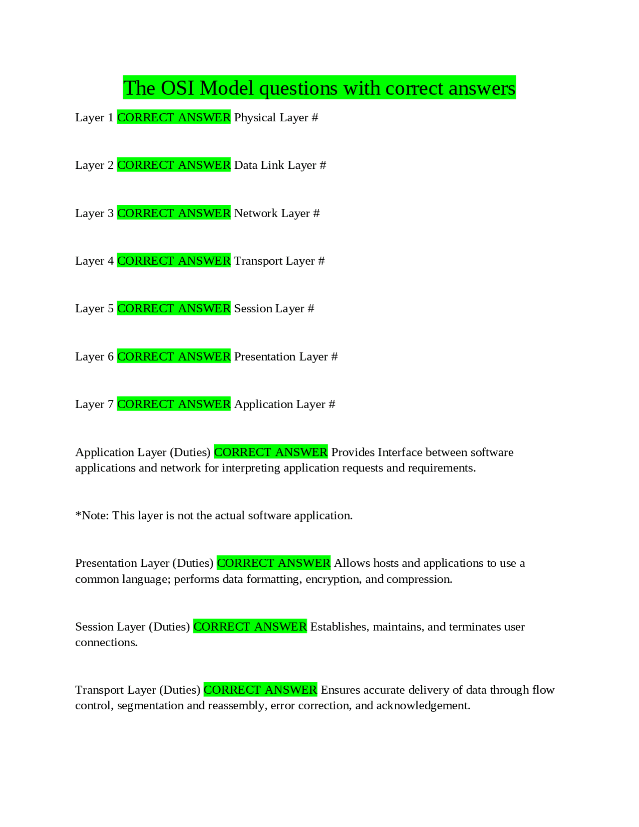 OSI Model Questions and Answers | Exams Advanced Education | Docsity