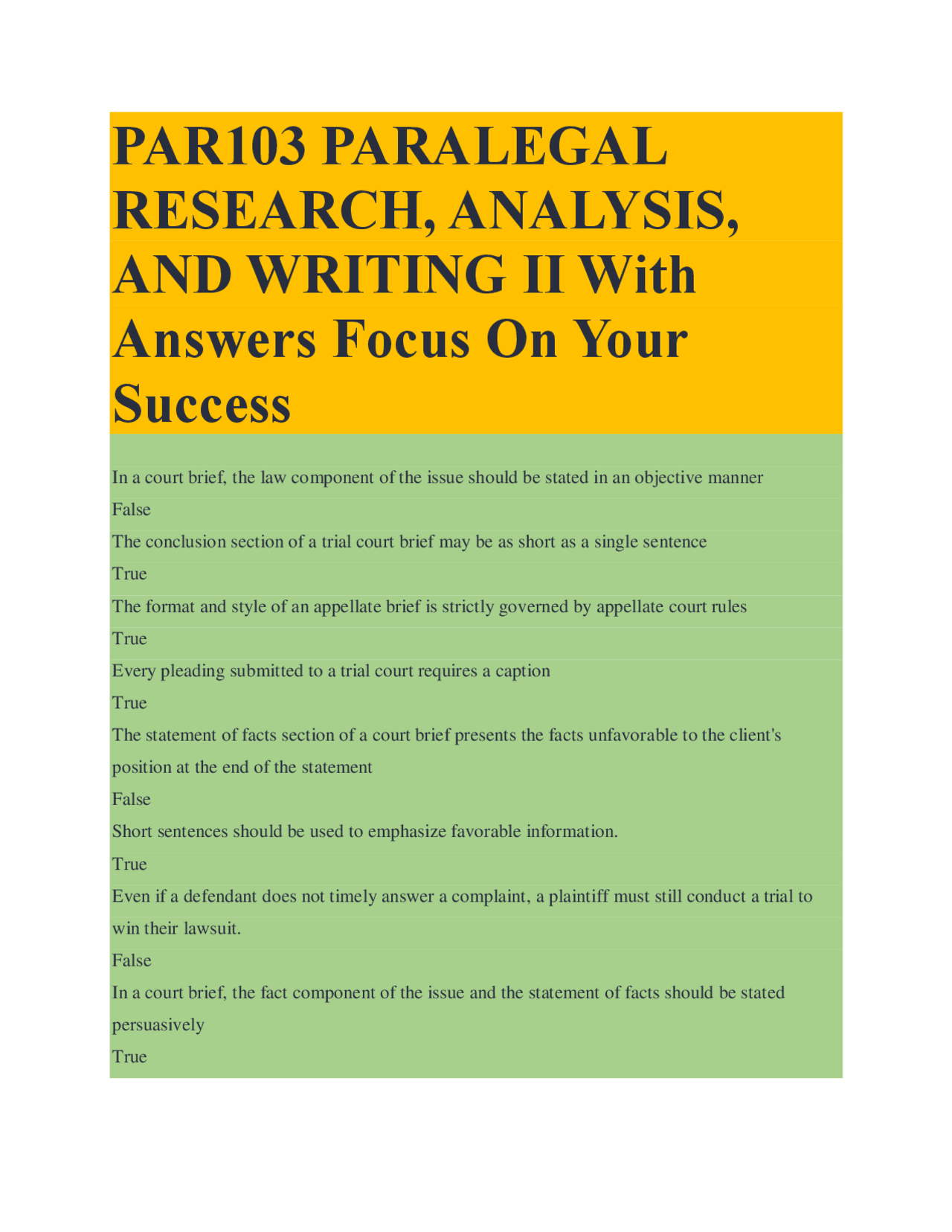 PAR103 PARALEGAL RESEARCH, ANALYSIS, AND WRITING II With Answers Focus ...