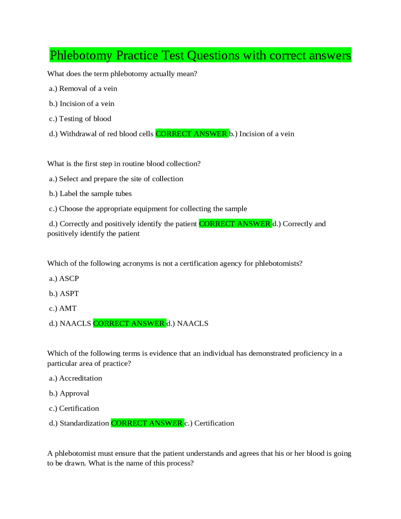 Phlebotomy Practice Test Questions with Correct Answers | Exams Nursing ...