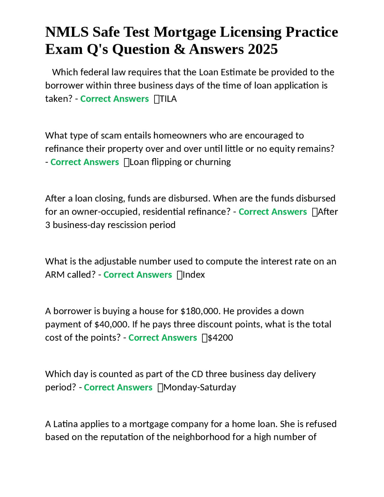 NMLS Safe Test Mortgage Licensing Practice Exam Q's Question & Answers ...