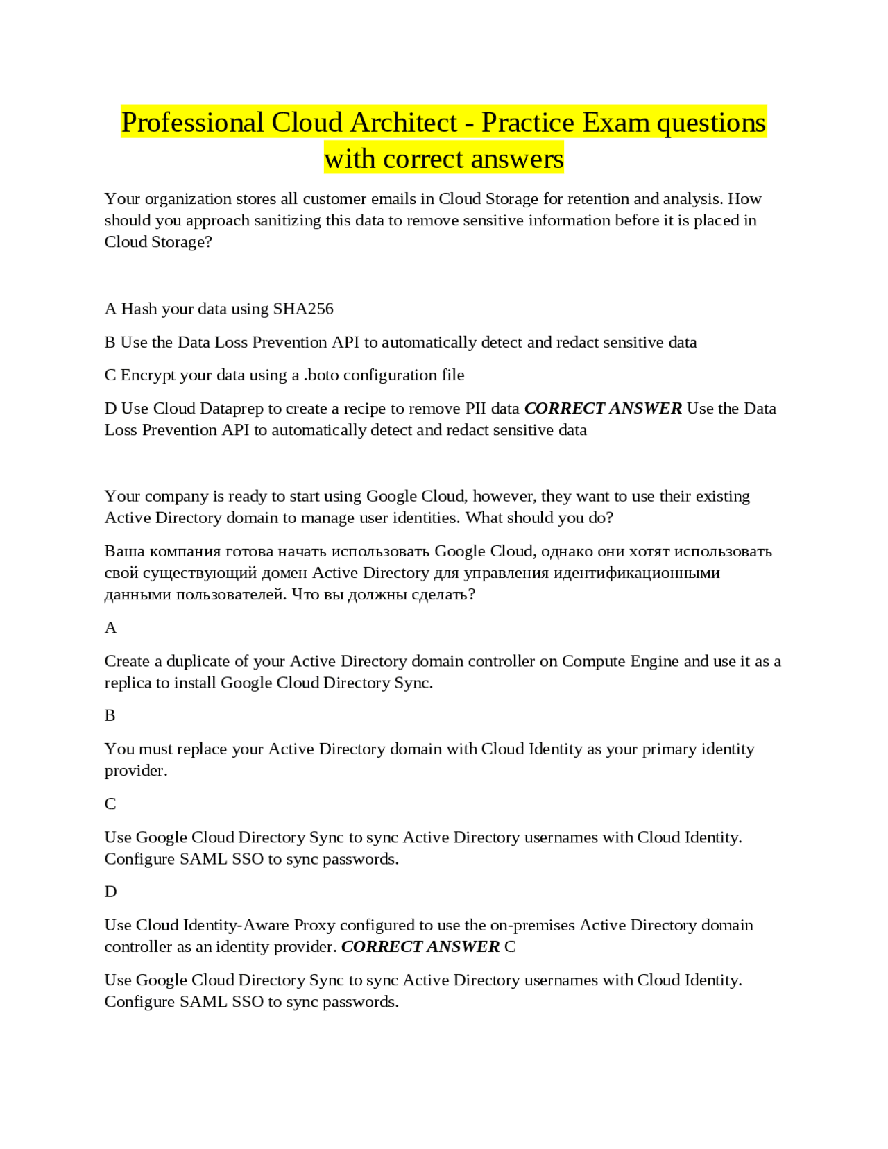 Google Cloud Professional Cloud Architect Practice Exam Questions | Exams Law | Docsity