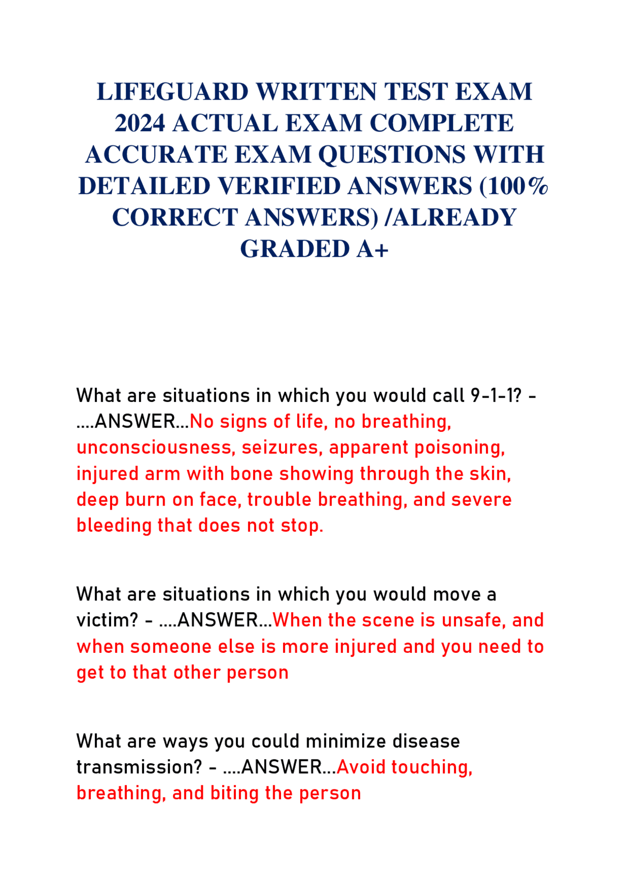 LIFEGUARD WRITTEN TEST EXAM 2024 ACTUAL EXAM COMPLETE ACCURATE EXAM ...