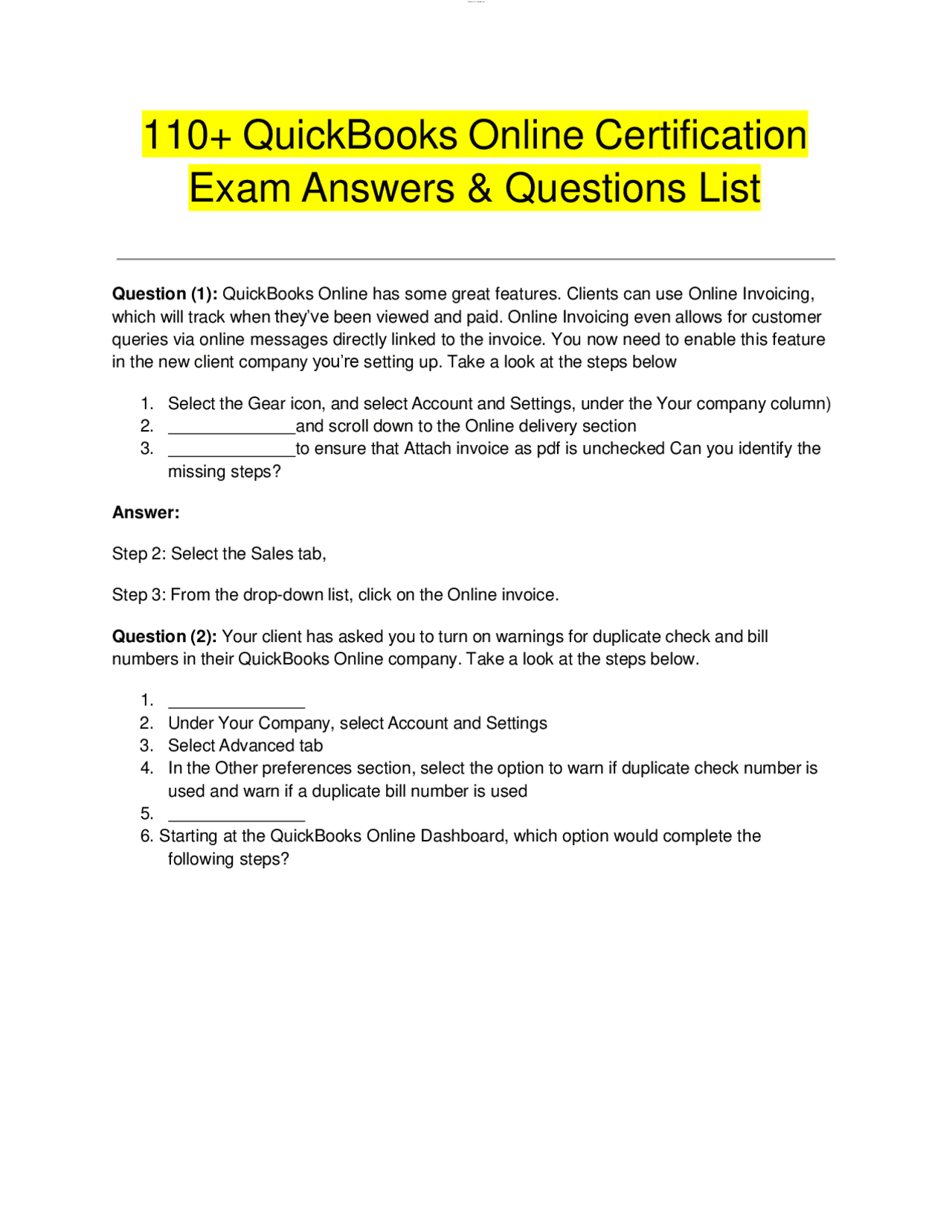 QuickBooks Online Certification Exam Answers & Questions | Exams Software Engineering | Docsity