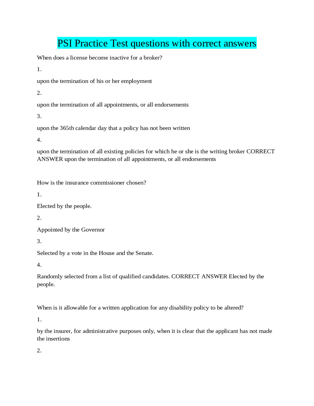 PSI Practice Test Questions and Answers for Insurance Brokers in ...
