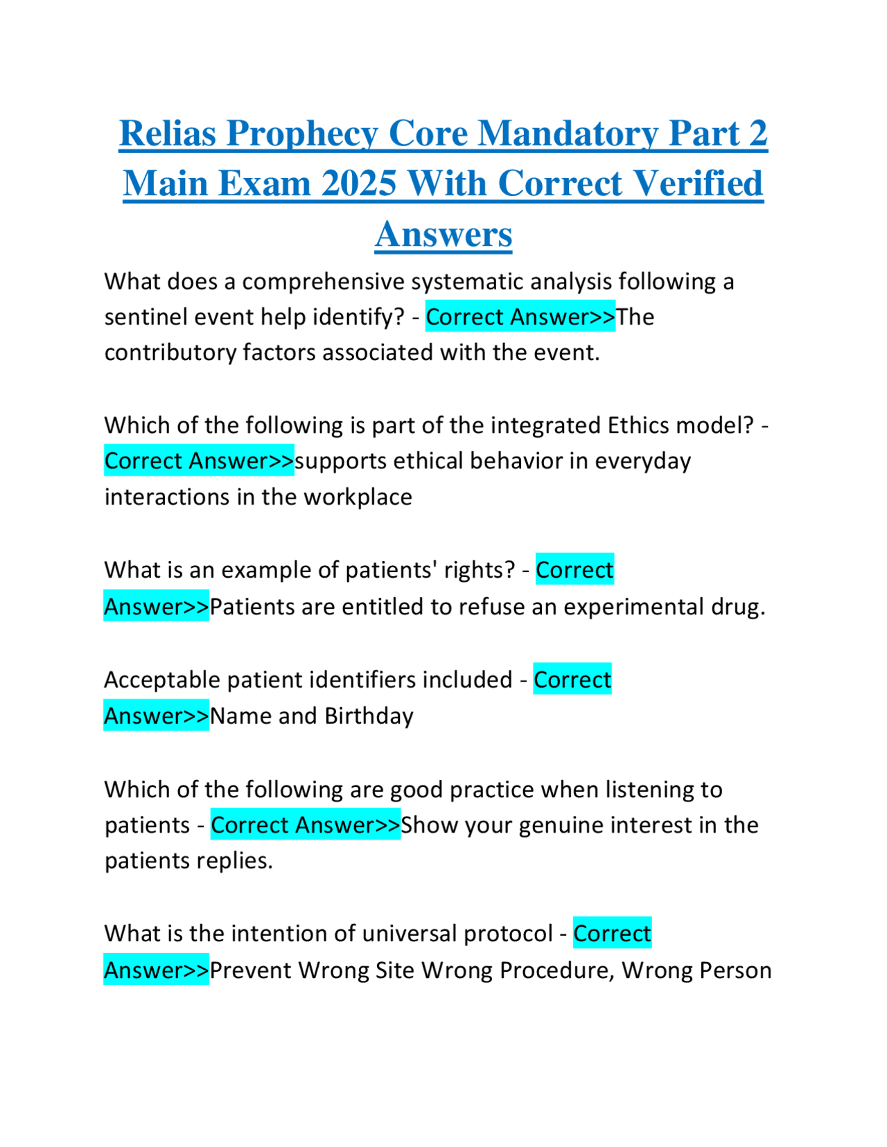 Relias Prophecy Core Mandatory Part 2 Main Exam 2025: Questions and ...