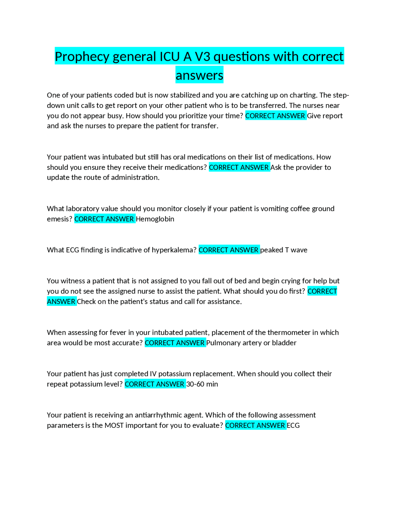 ICU Nursing Practice Questions and Answers: A Comprehensive Guide for ...