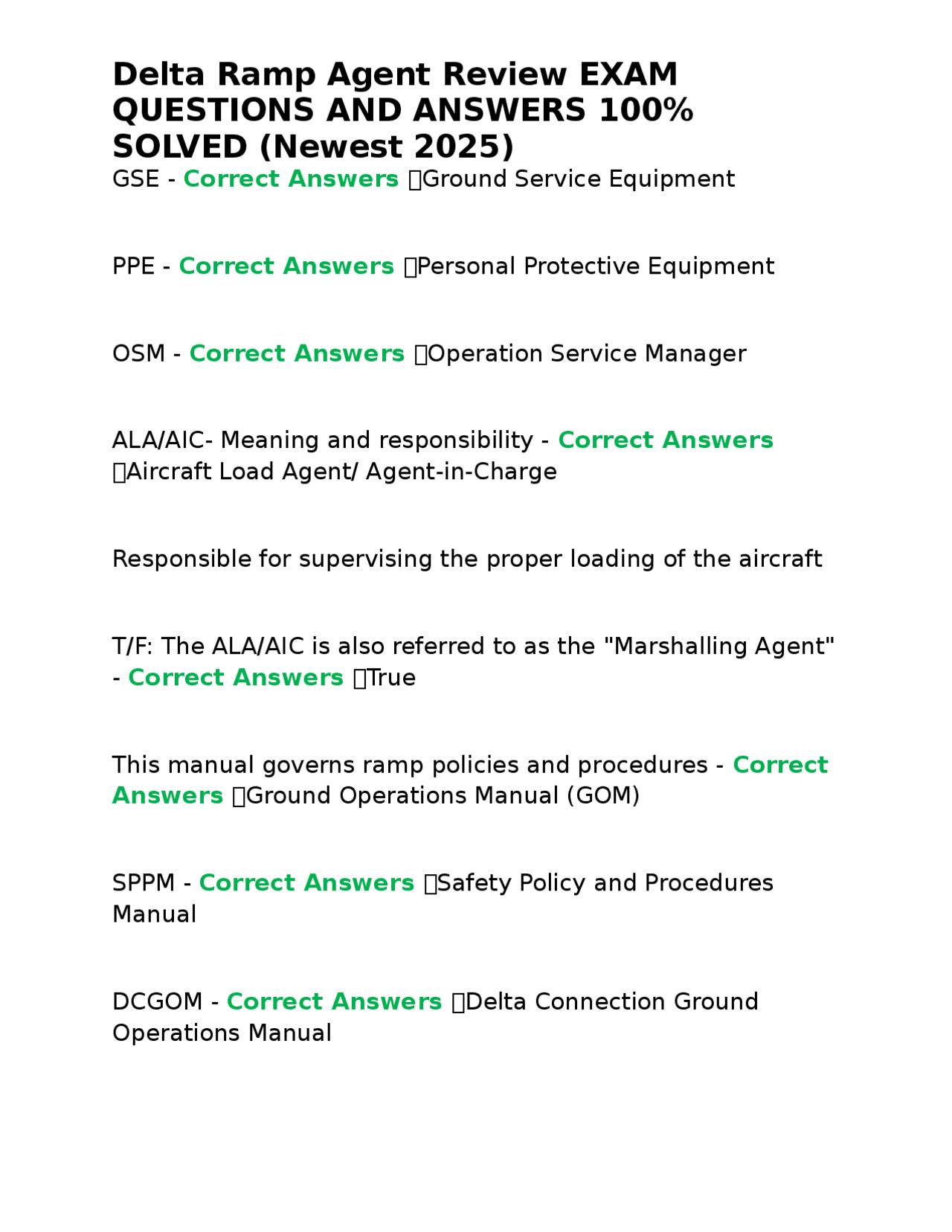 Delta Ramp Agent Review Exam: Questions and Answers | Exams Nursing ...