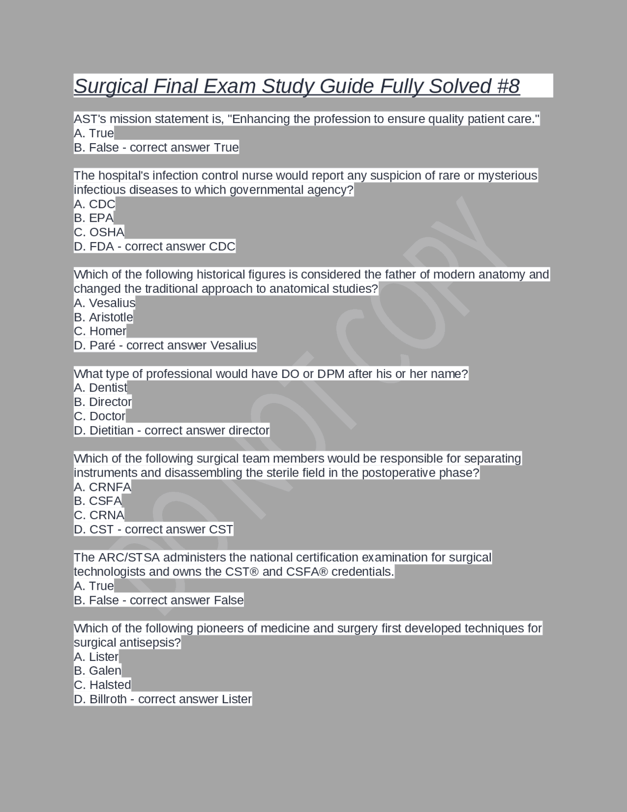 Surgical Final Exam Study Guide: Multiple Choice Questions and Answers ...