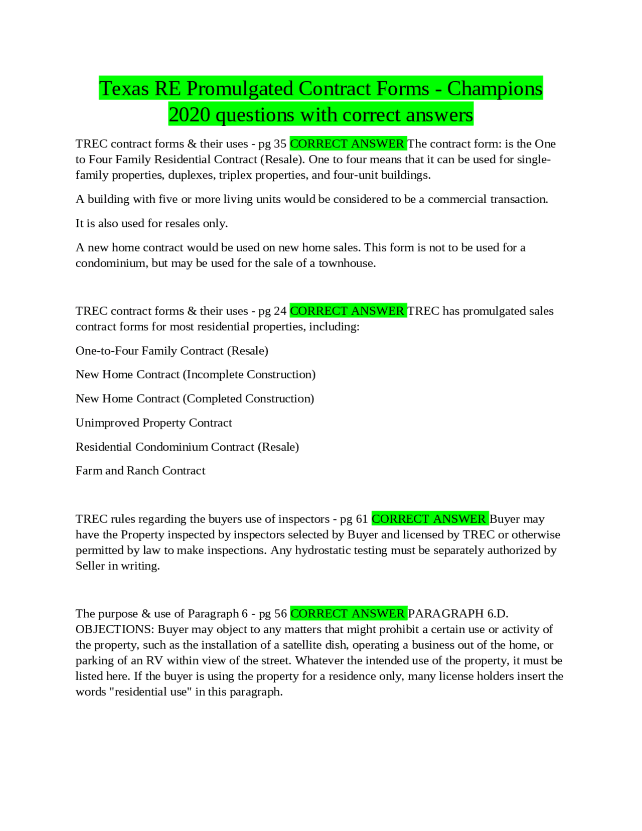Texas Real Estate Contract Forms: A Comprehensive Guide with Questions ...