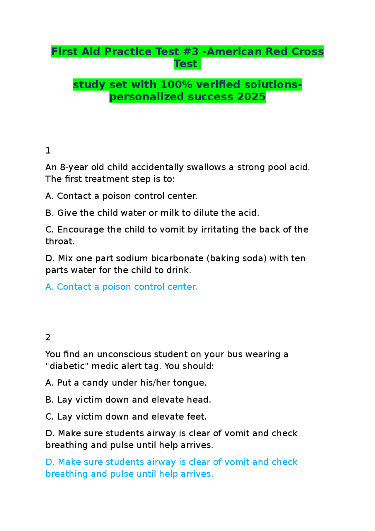 First Aid Practice Test #3 -American Red Cross Test study set with 100% ...