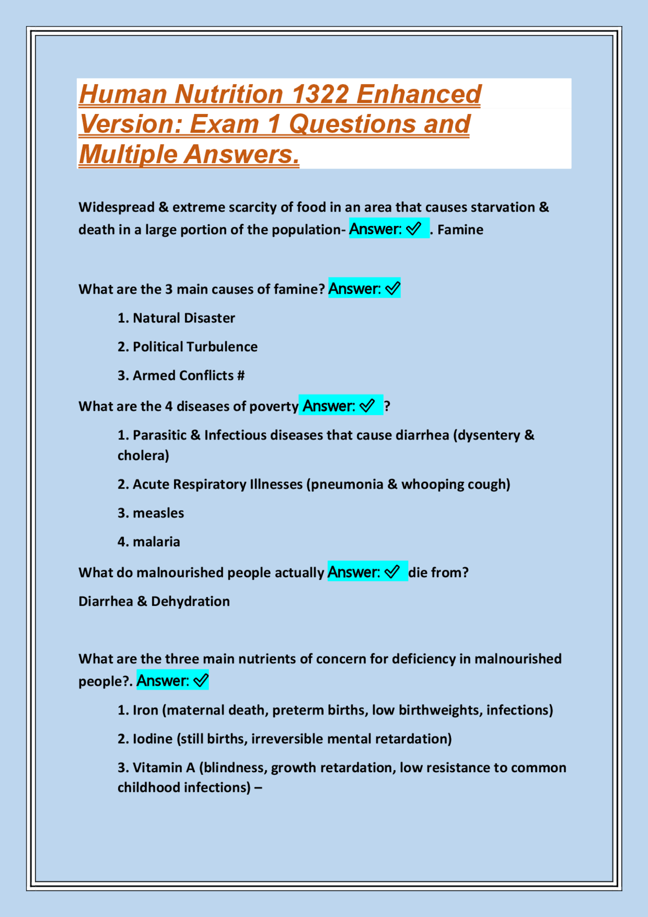 Human Nutrition 1322 Exam 1 Questions and Answers | Exams Nutrition ...