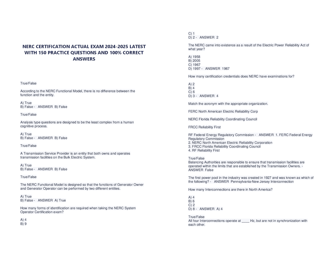 NERC CERTIFICATION ACTUAL EXAM 2025 LATEST WITH 150 PRACTICE QUESTIONS ...