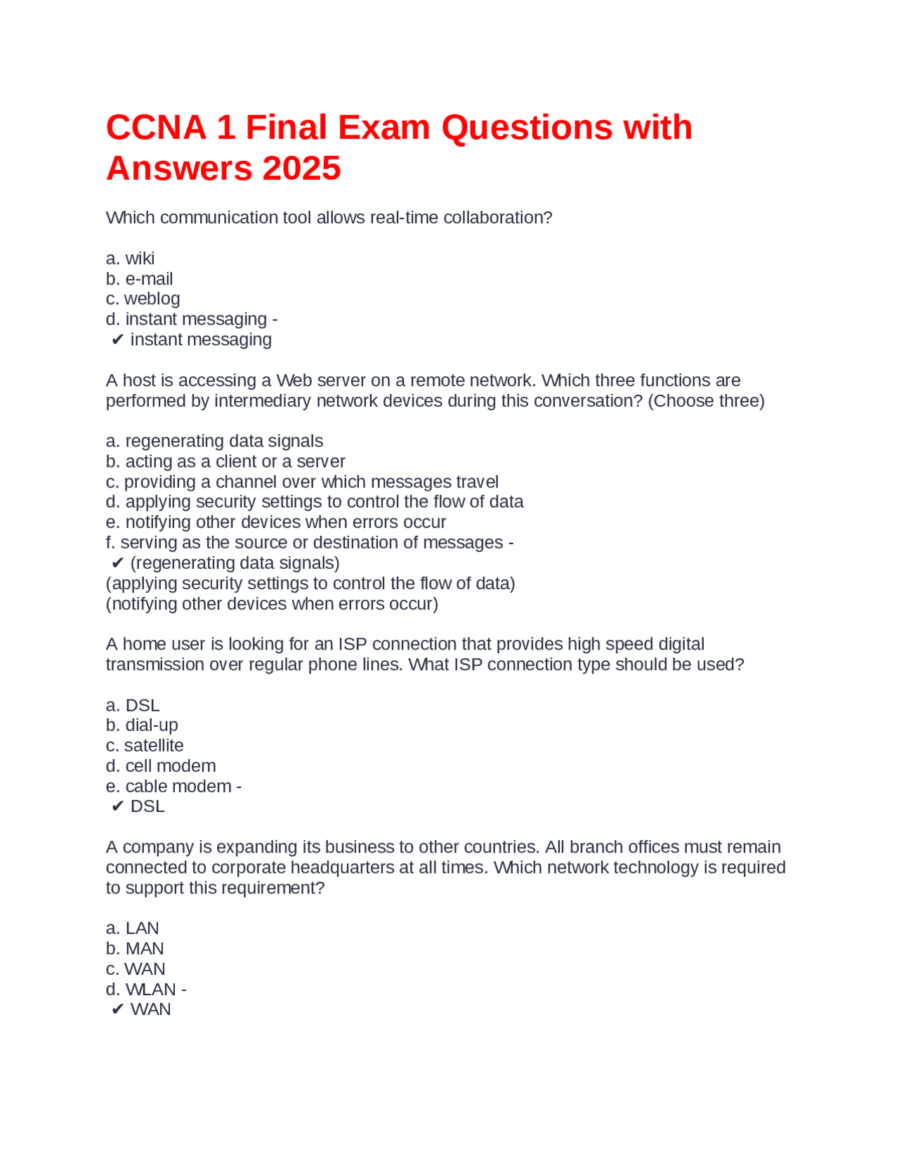 Ccna 1 Final Exam Questions And Answers 2025 Exams Computer Science Docsity