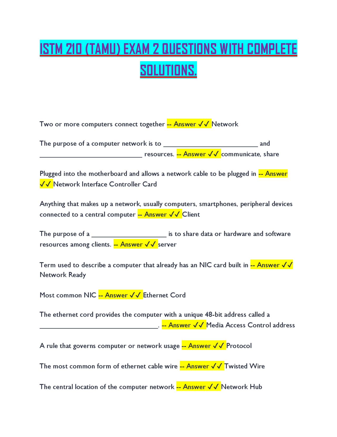 ISTM 210 (TAMU) EXAM 2 QUESTIONS WITH COMPLETE SOLUTIONS. | Exams ...