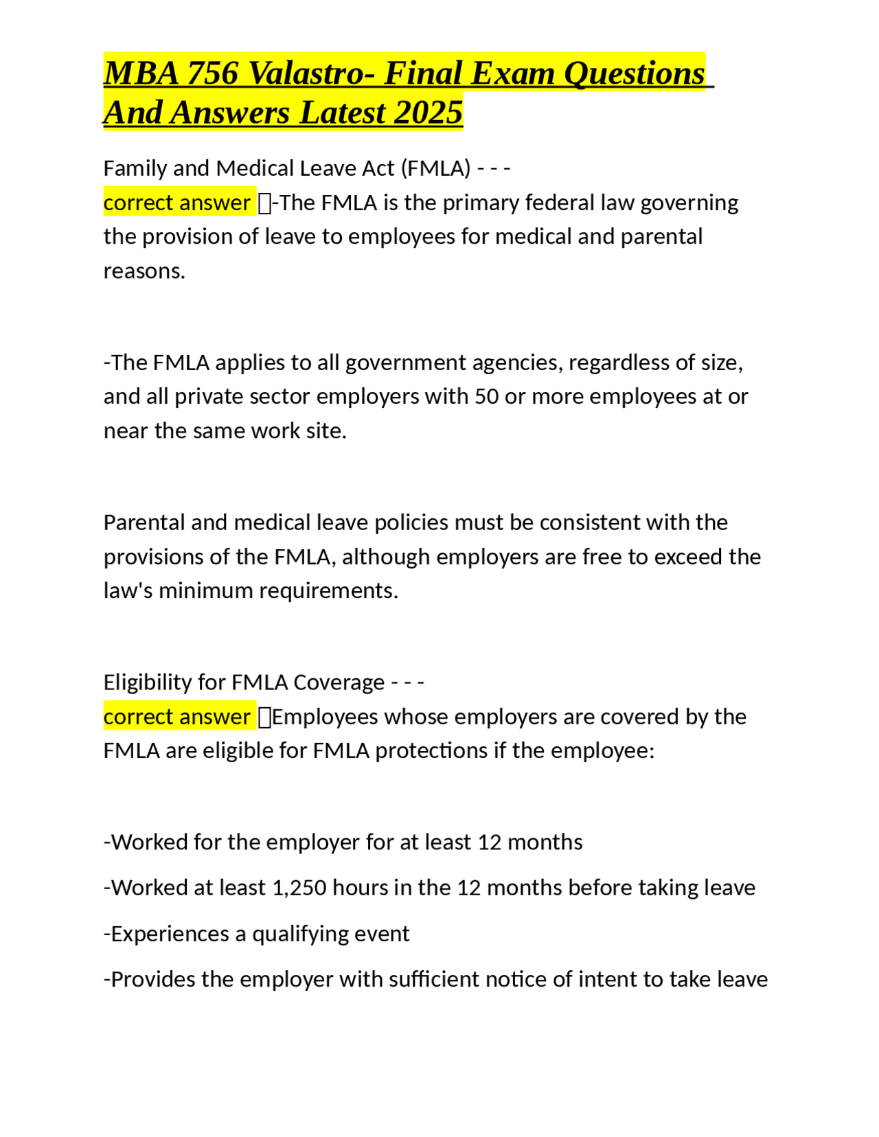 Family and Medical Leave Act (FMLA) - Exam Questions and Answers ...