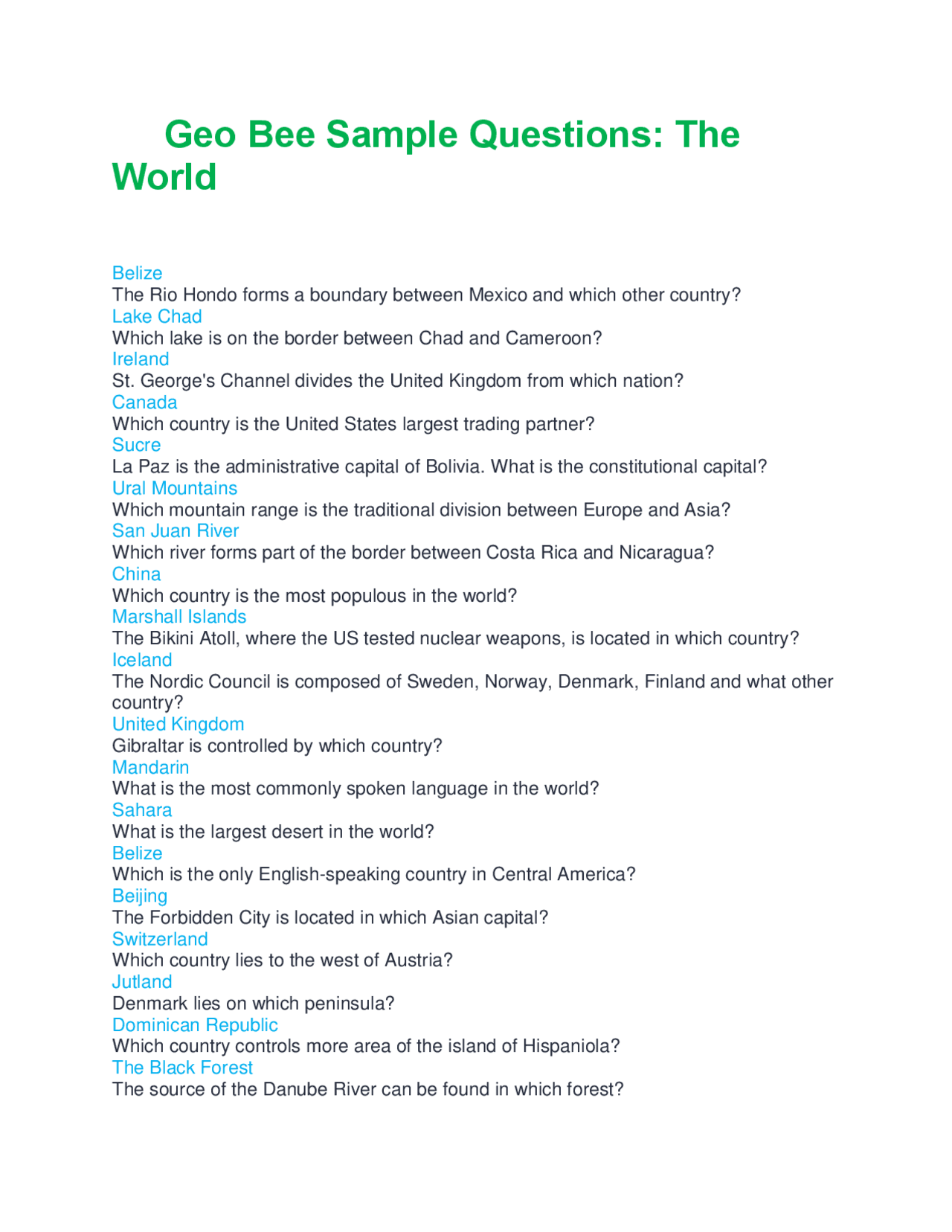Geo Bee Sample Questions: World Geography Quiz | Exams Advanced ...