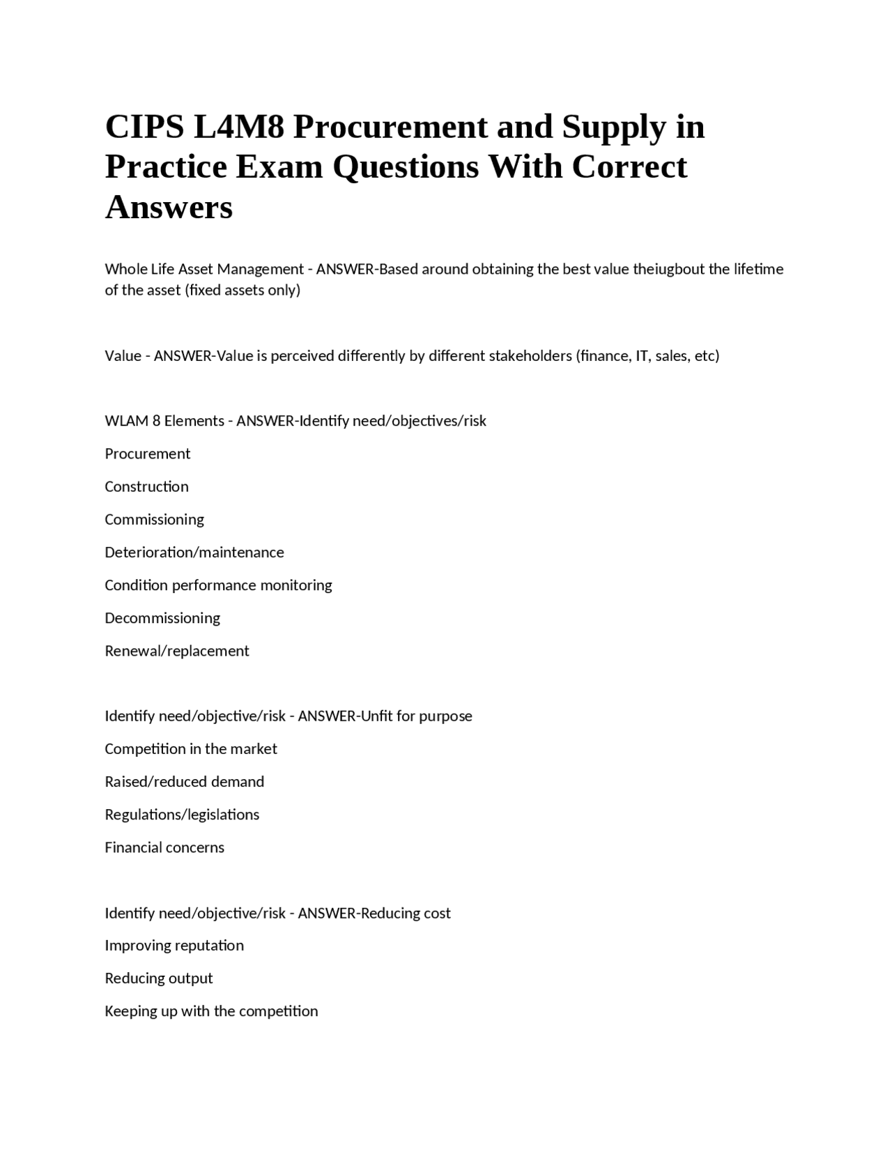 CIPS L4M8 Procurement and Supply in Practice Exam Questions With Correct Answers. | Exams ...
