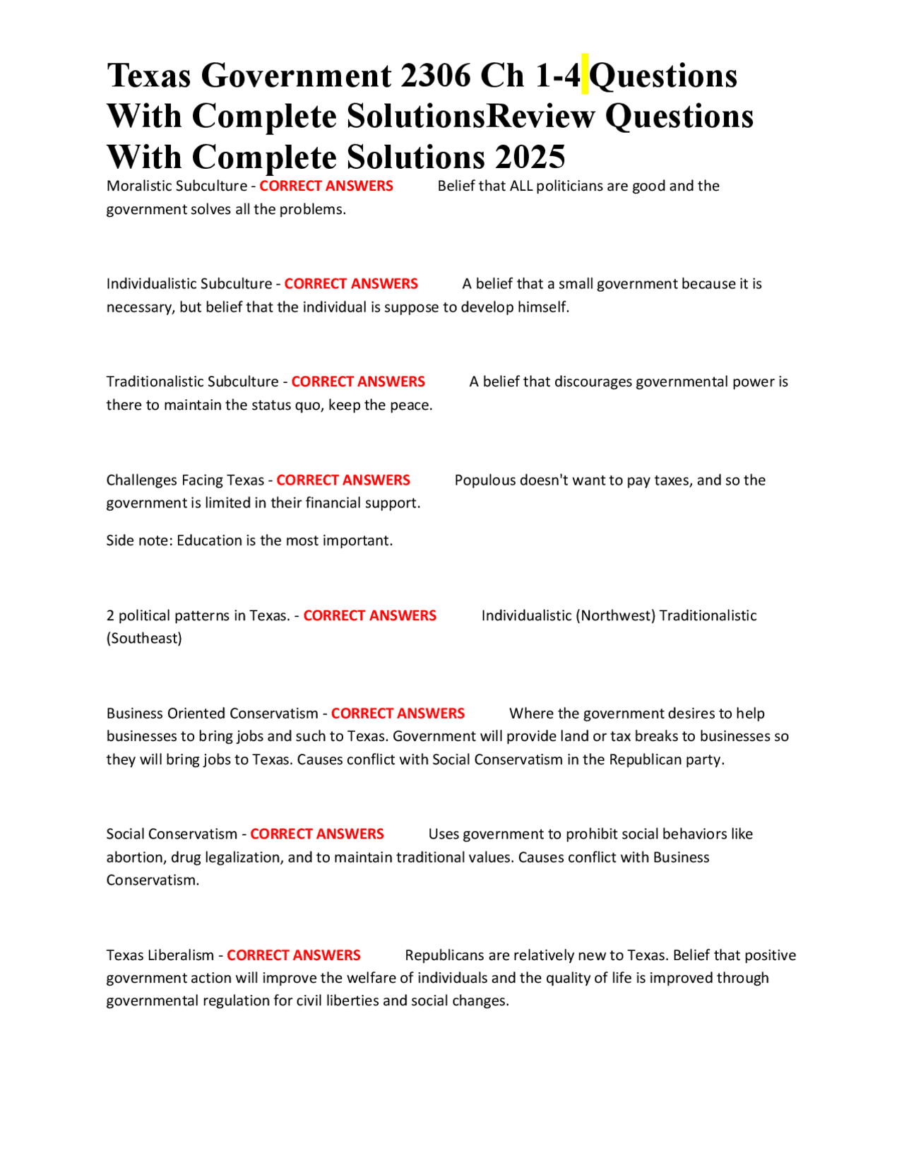 Texas Government 2306: Chapters 1-4 Review Questions and Answers ...