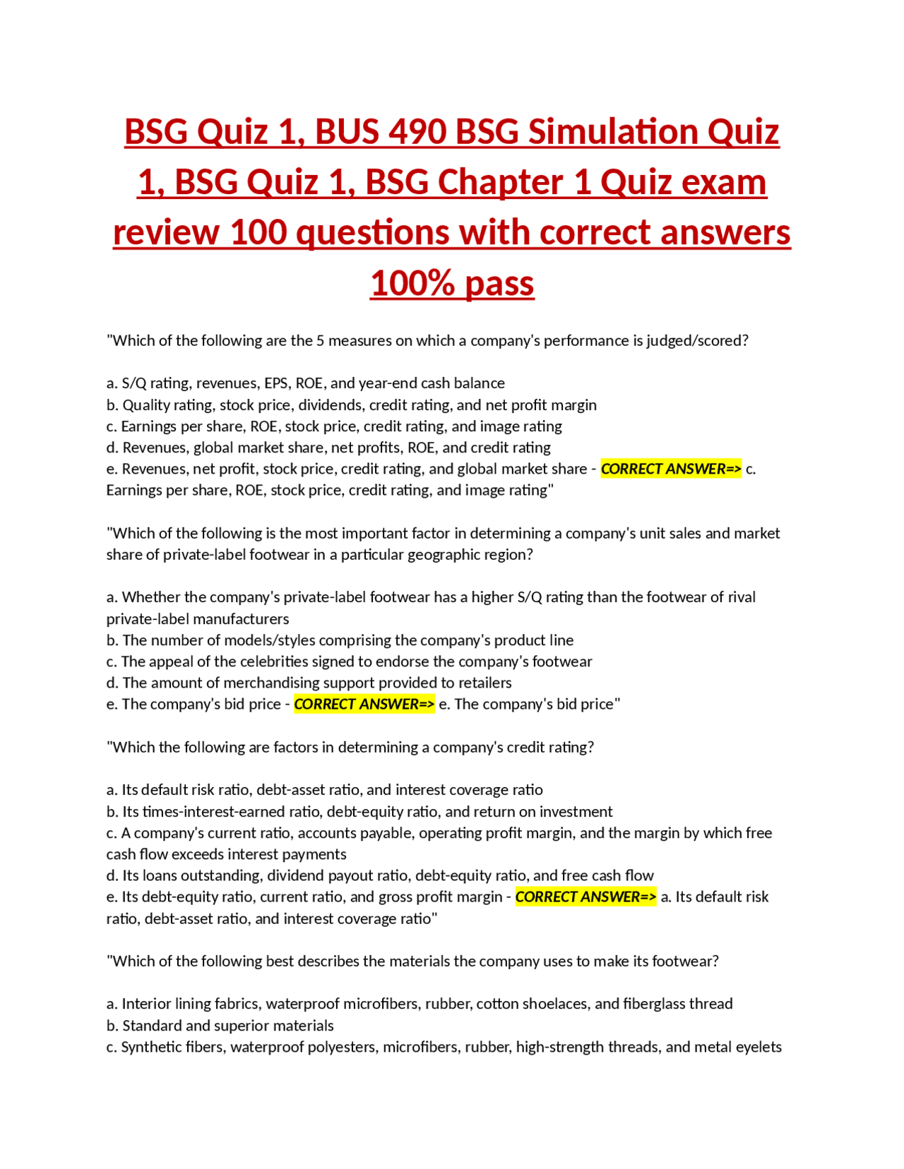BSG Quiz 1, BUS 490 BSG Simulation Quiz 1, BSG Quiz 1, BSG Chapter 1 ...