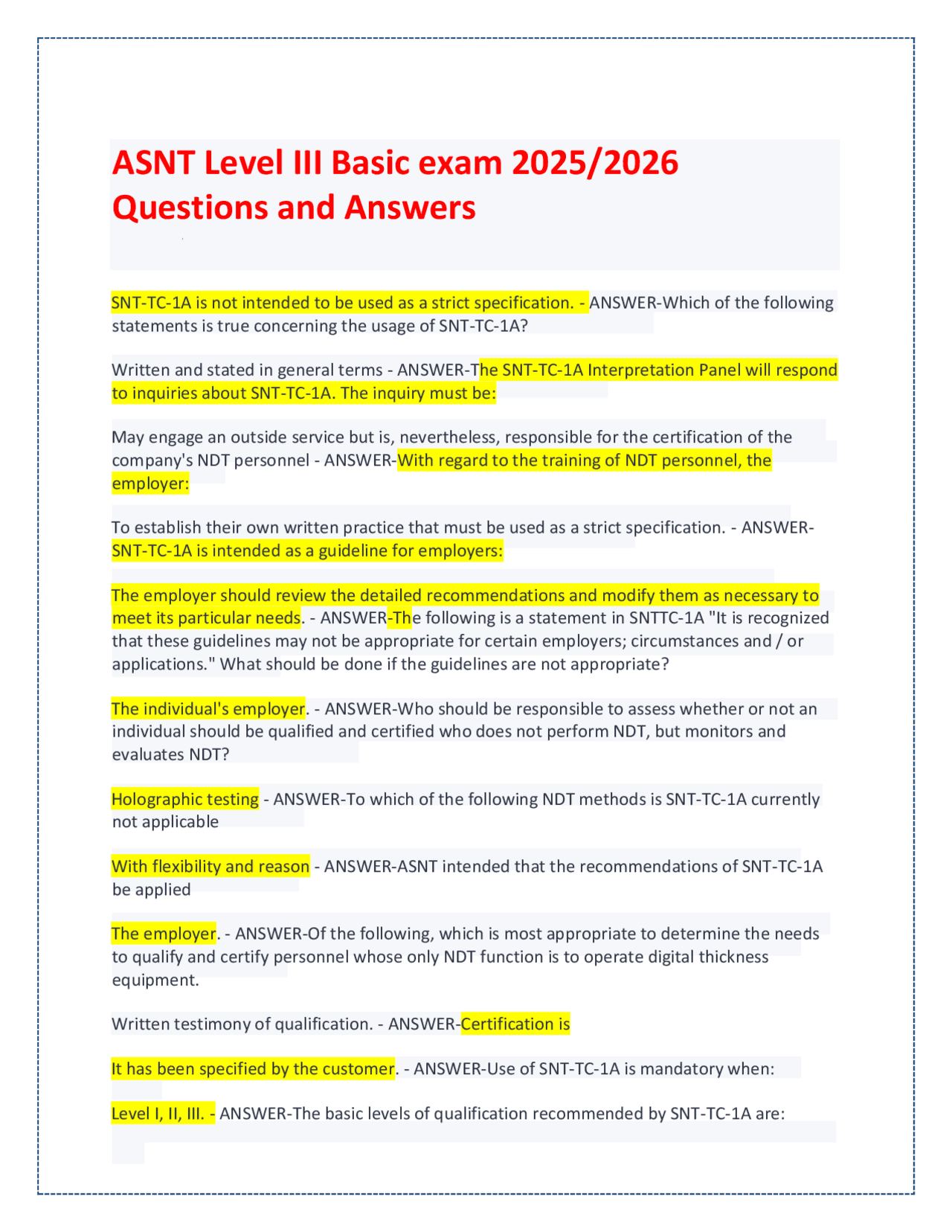 ASNT Level III Basic Exam Questions and Answers 2025/2026: SNT-TC-1A | Exams Business ...