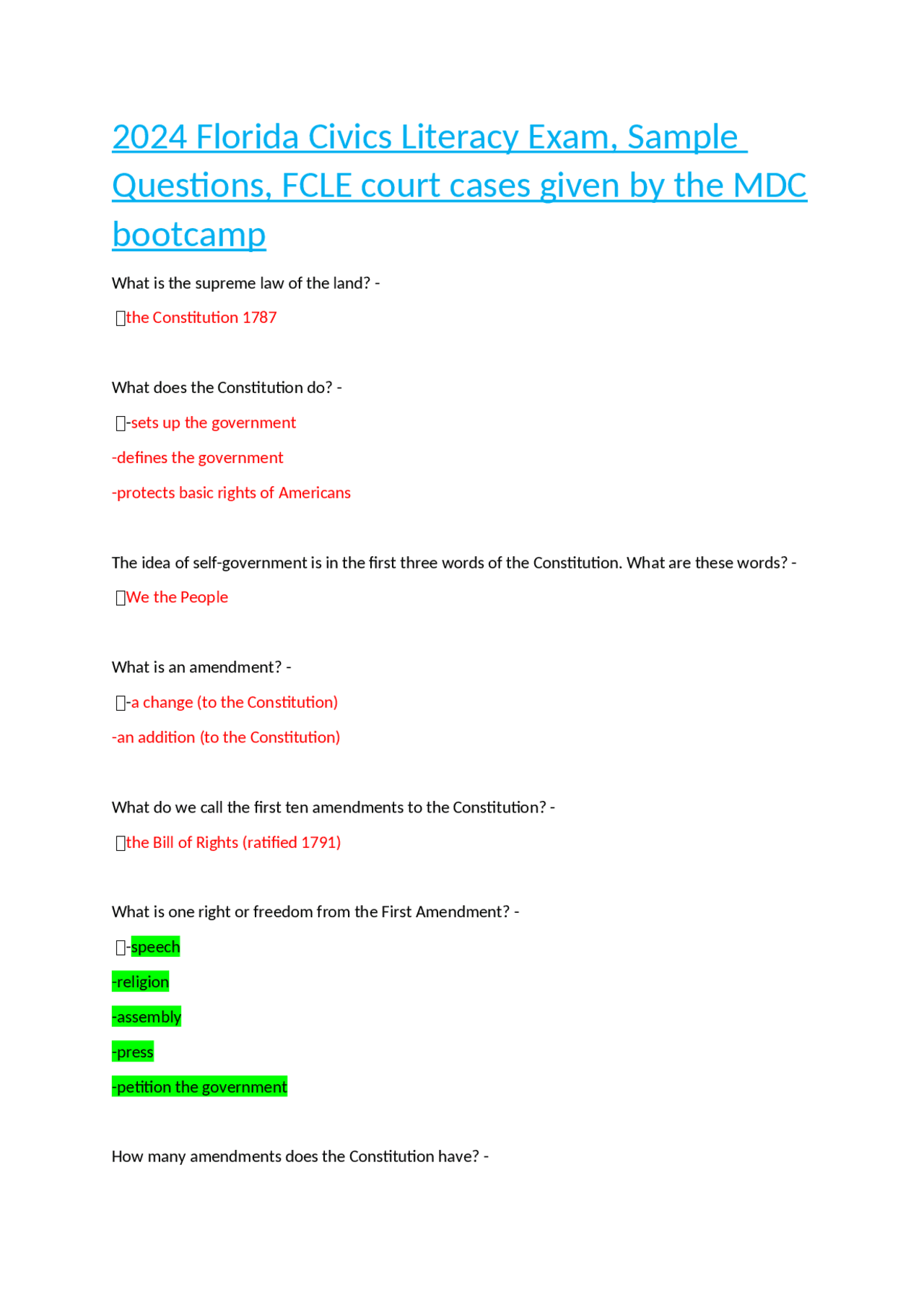 2024 Florida Civics Literacy Exam, Sample Questions, FCLE court cases ...