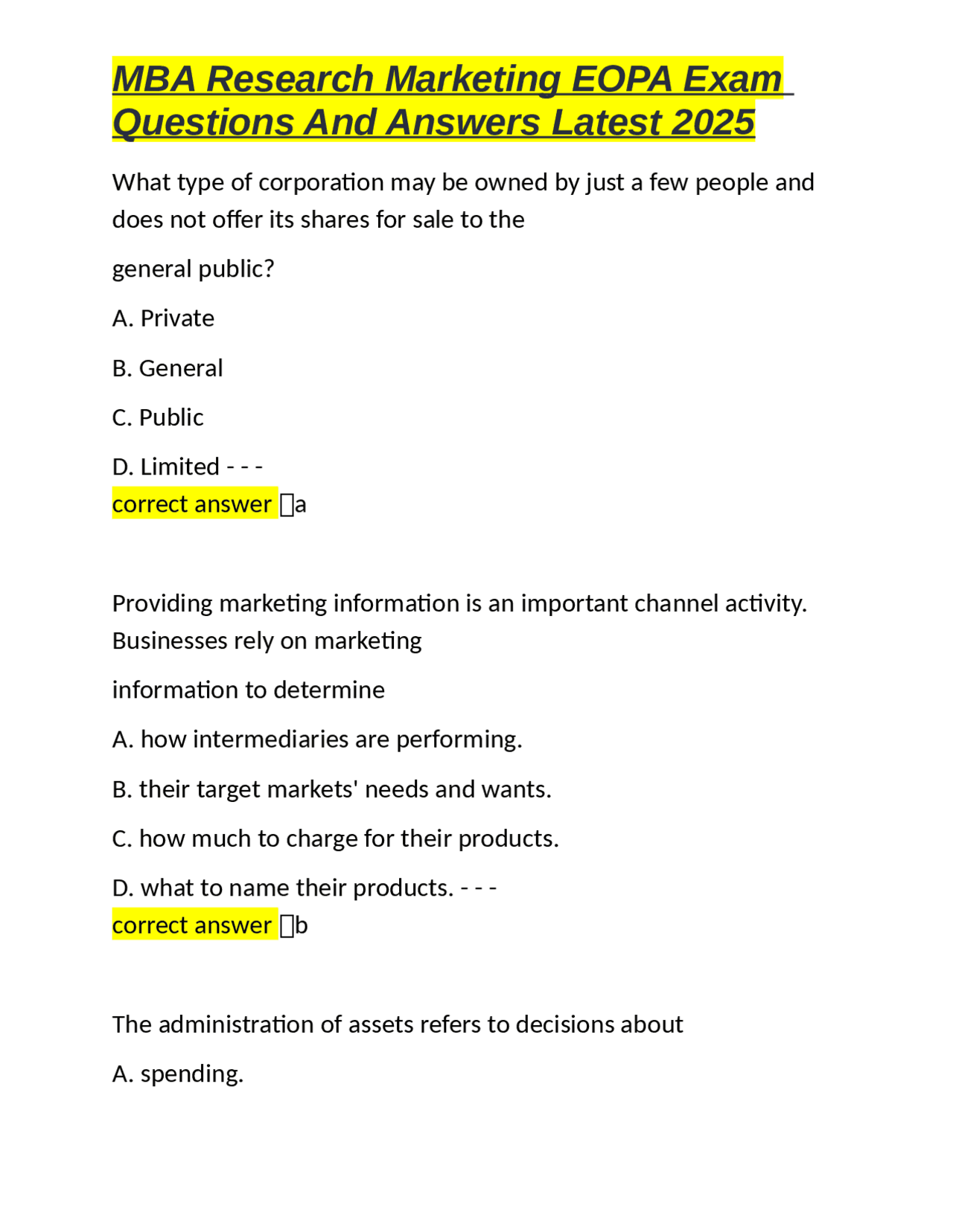 MBA Research Marketing EOPA Exam Questions and Answers | Exams ...