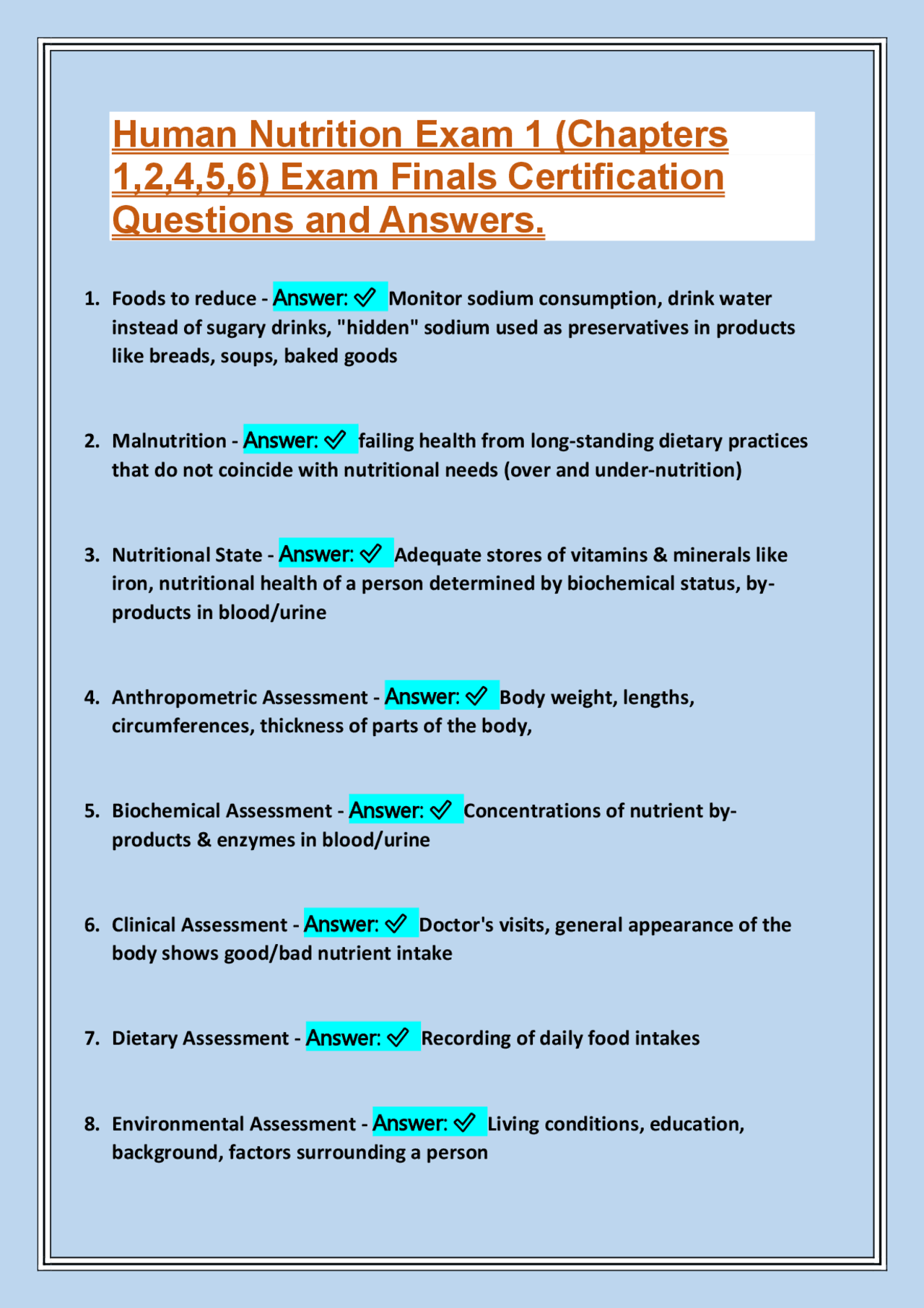 Human Nutrition Exam 1: Chapters 1, 2, 4, 5, 6 - Questions and Answers ...