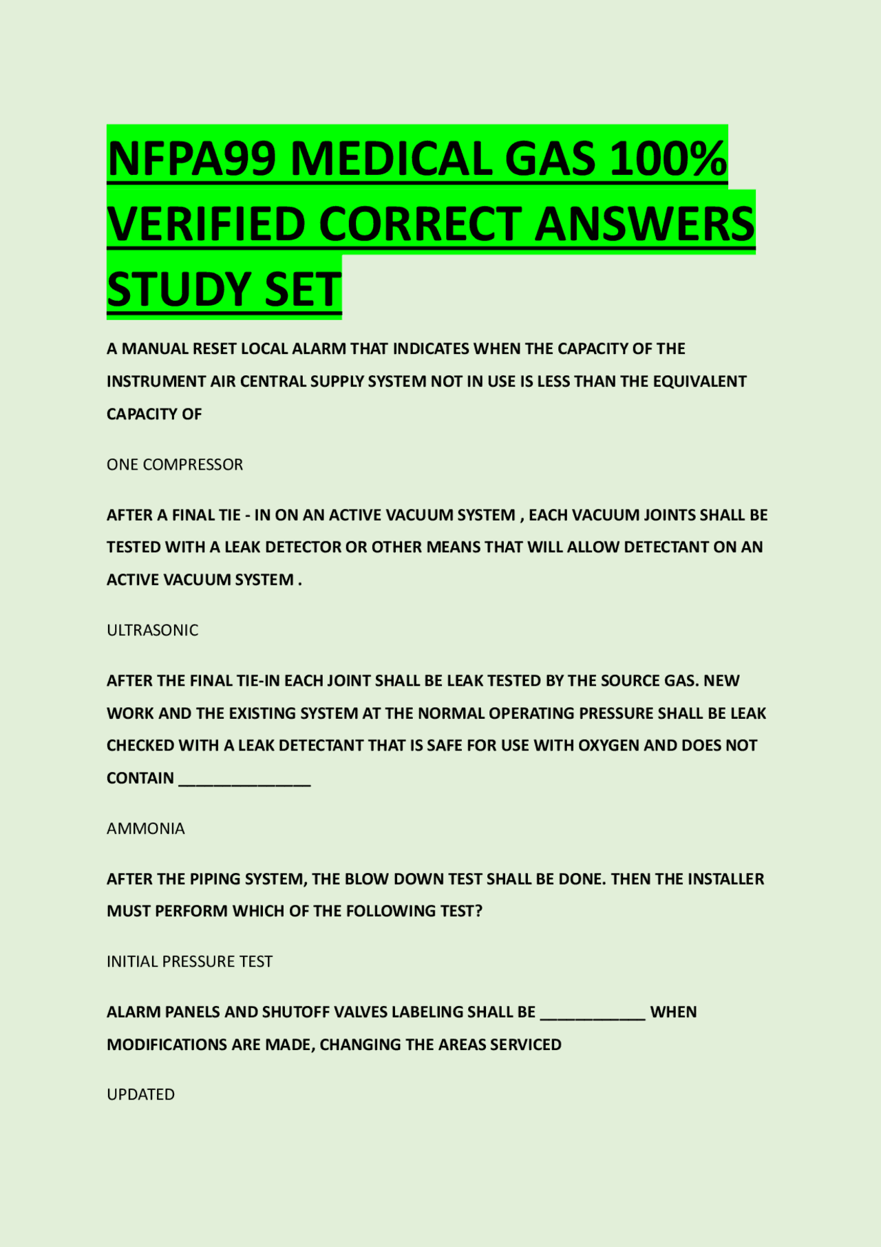 NFPA99 MEDICAL GAS 100% VERIFIED CORRECT ANSWERS STUDY SET | Exams ...