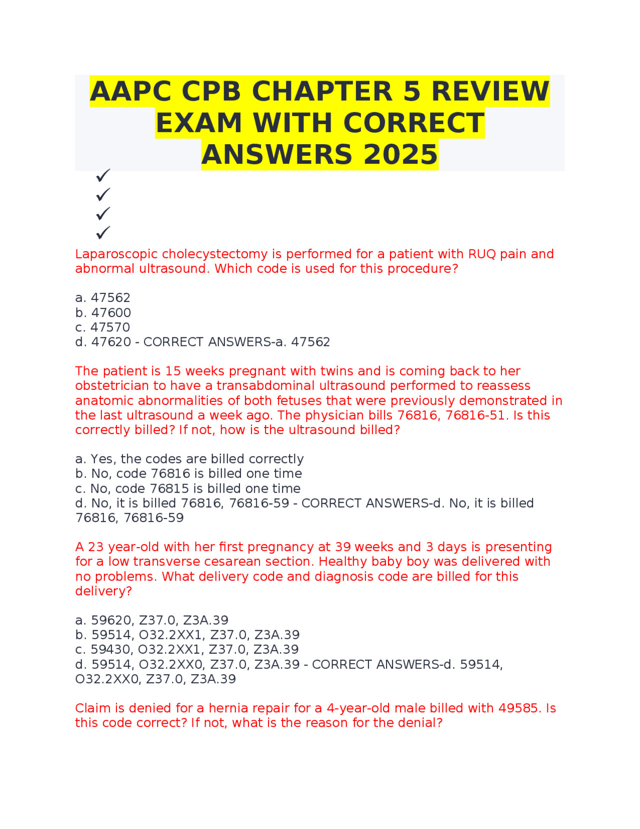 AAPC CPB Chapter 5 Review Exam with Correct Answers 2025 | Exams Advanced Education | Docsity