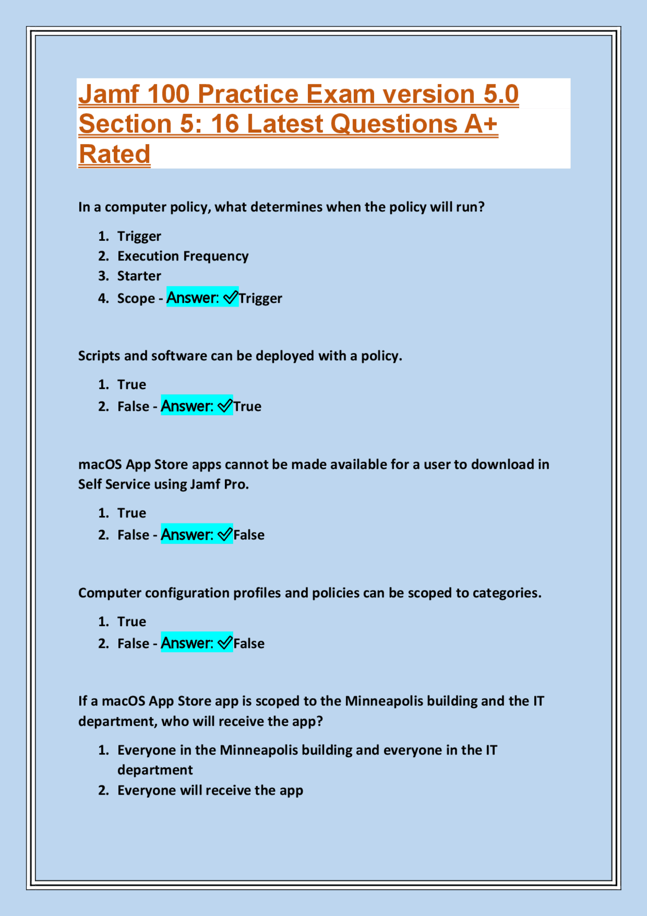 Jamf 100 Practice Exam: 16 Latest Questions and Answers | Exams ...