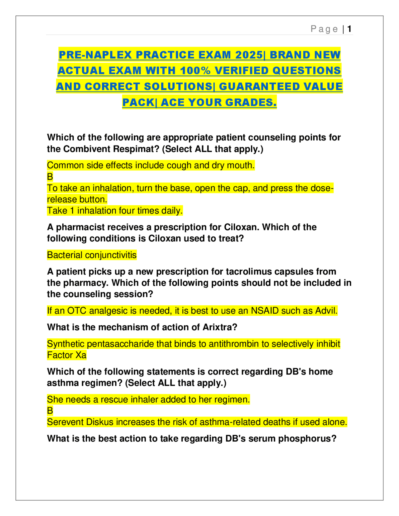 PRE-NAPLEX PRACTICE EXAM 2025| BRAND NEW ACTUAL EXAM. | Exams Nursing ...