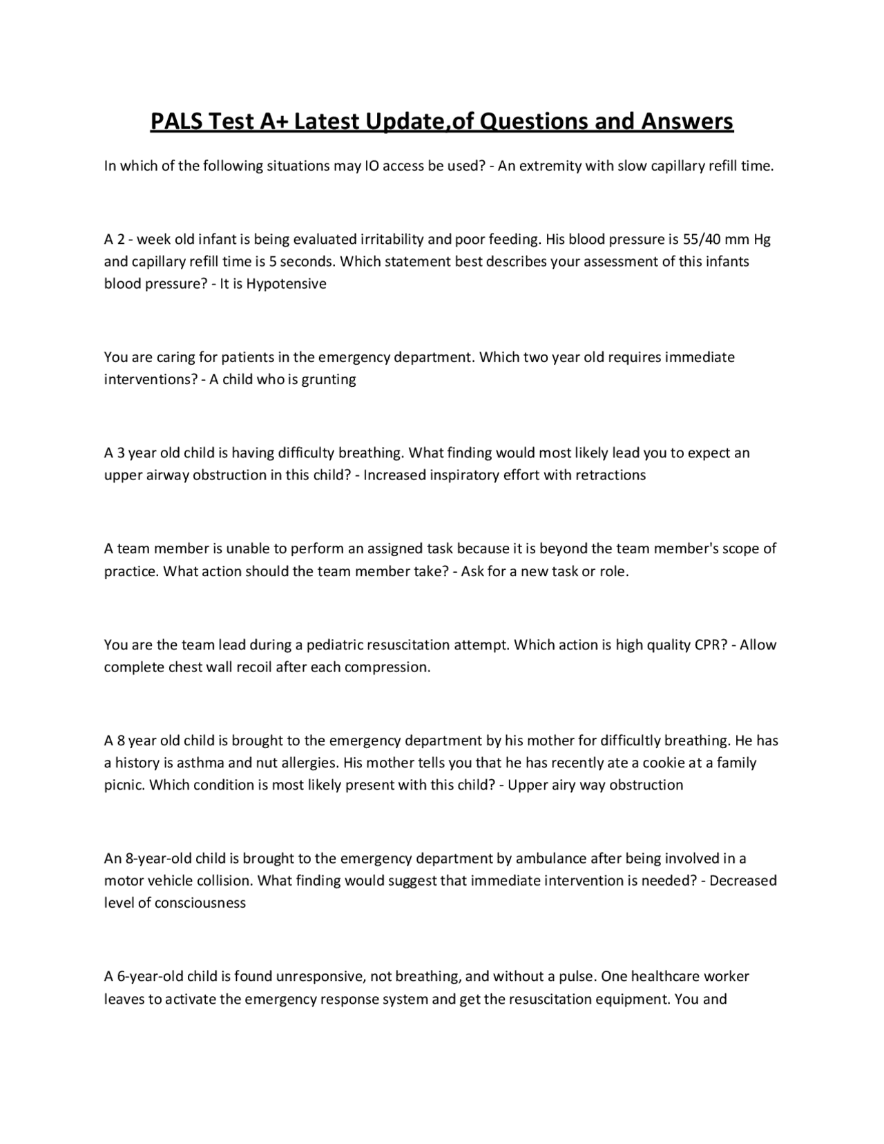 PALS Test A+ Latest Update,of Questions and Answers | Exams Advanced ...