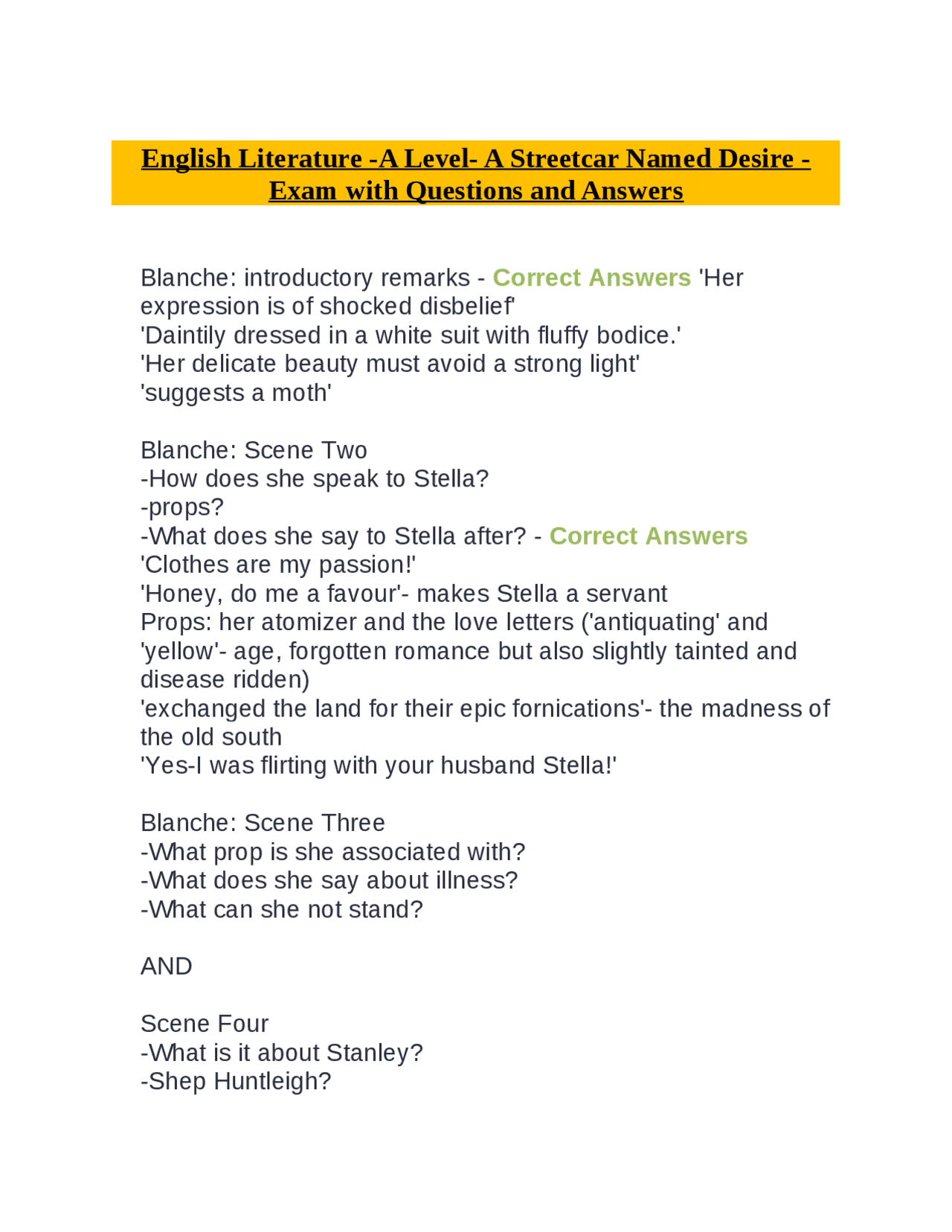 English Literature -A Level- A Streetcar Named Desire -Exam with ...