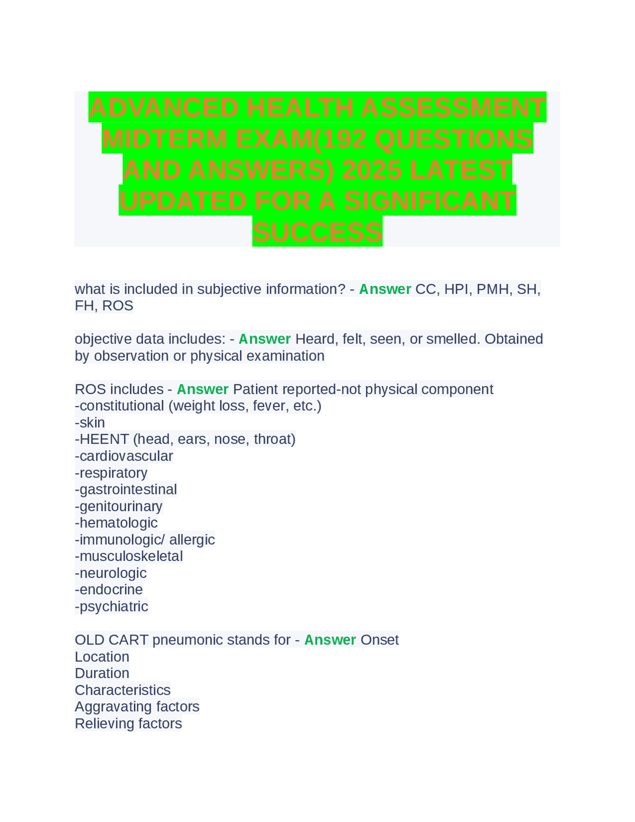 ADVANCED HEALTH ASSESSMENT MIDTERM EXAM(192 QUESTIONS AND ANSWERS) 2025 ...